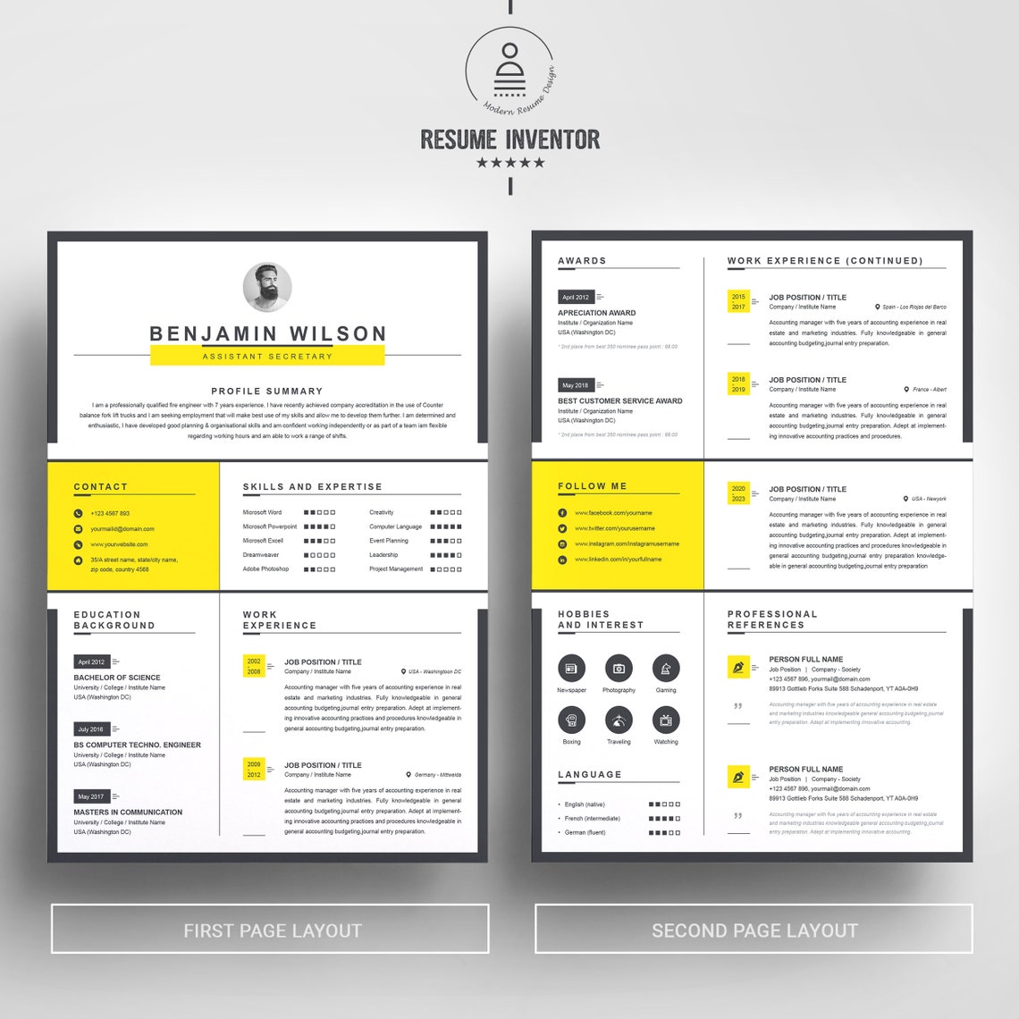 Clean & Minimal Resume Template MS Word and Apple Pages Two Pages ...