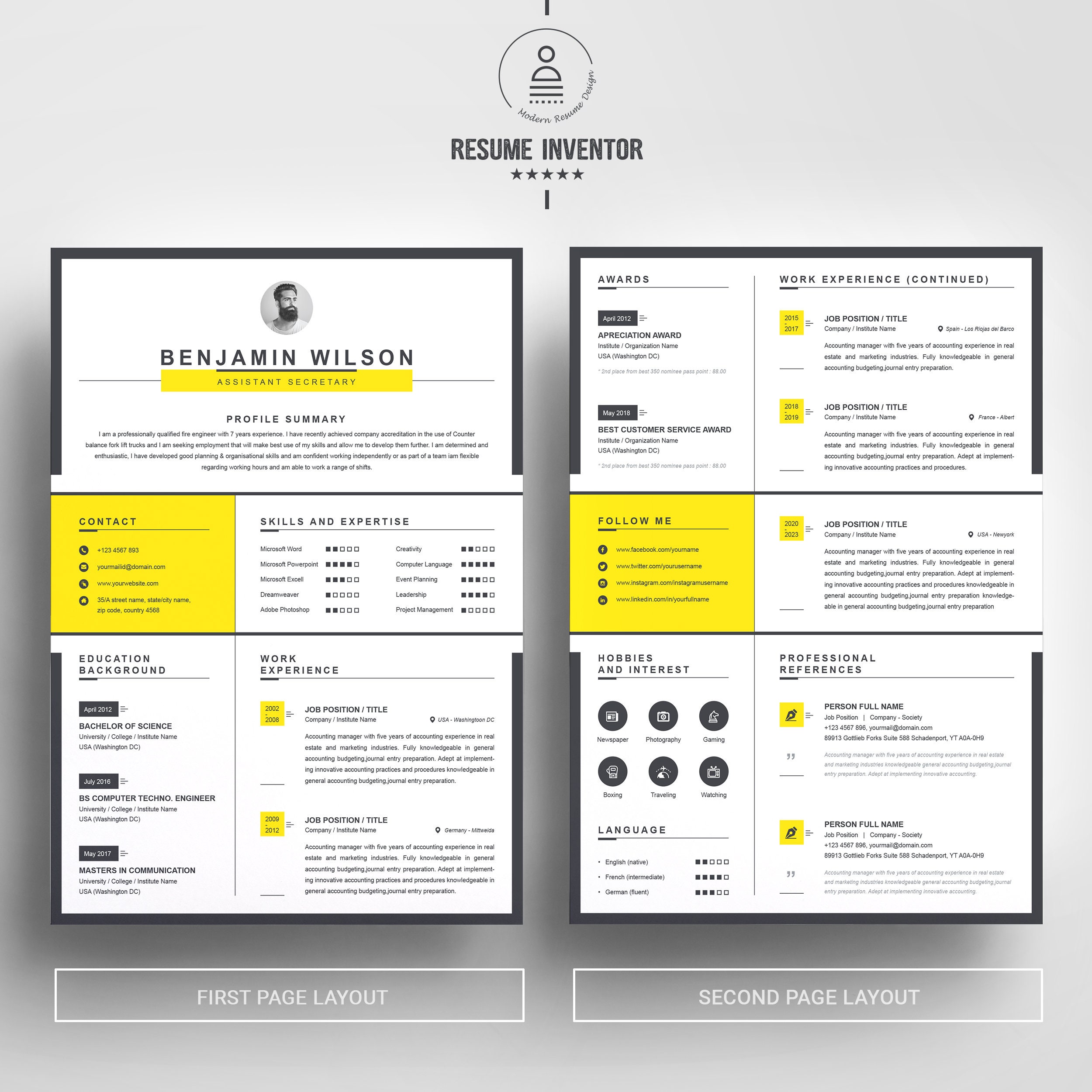 Clean & Minimal Resume Template MS Word and Apple Pages Two Pages ...