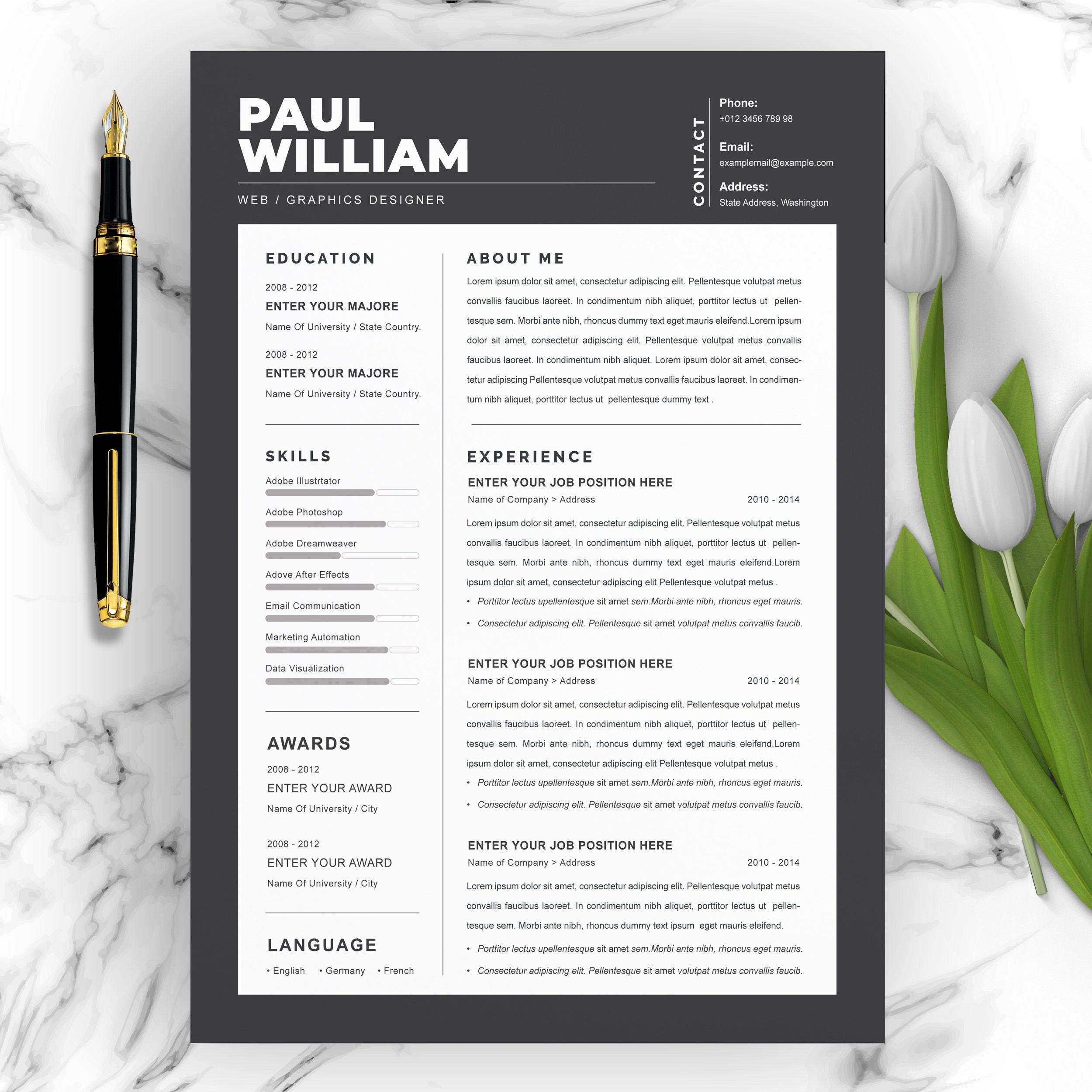 Resume Templates With Border Professional Resume Template Cv Template ...