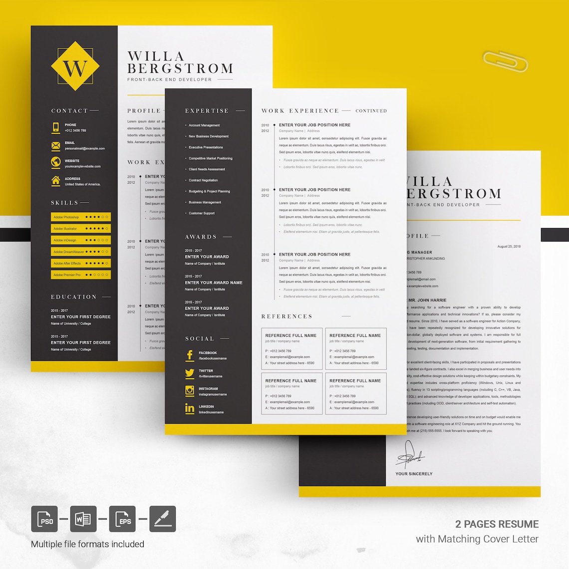 Minimal Yellow Resume Template / CV Template - Etsy