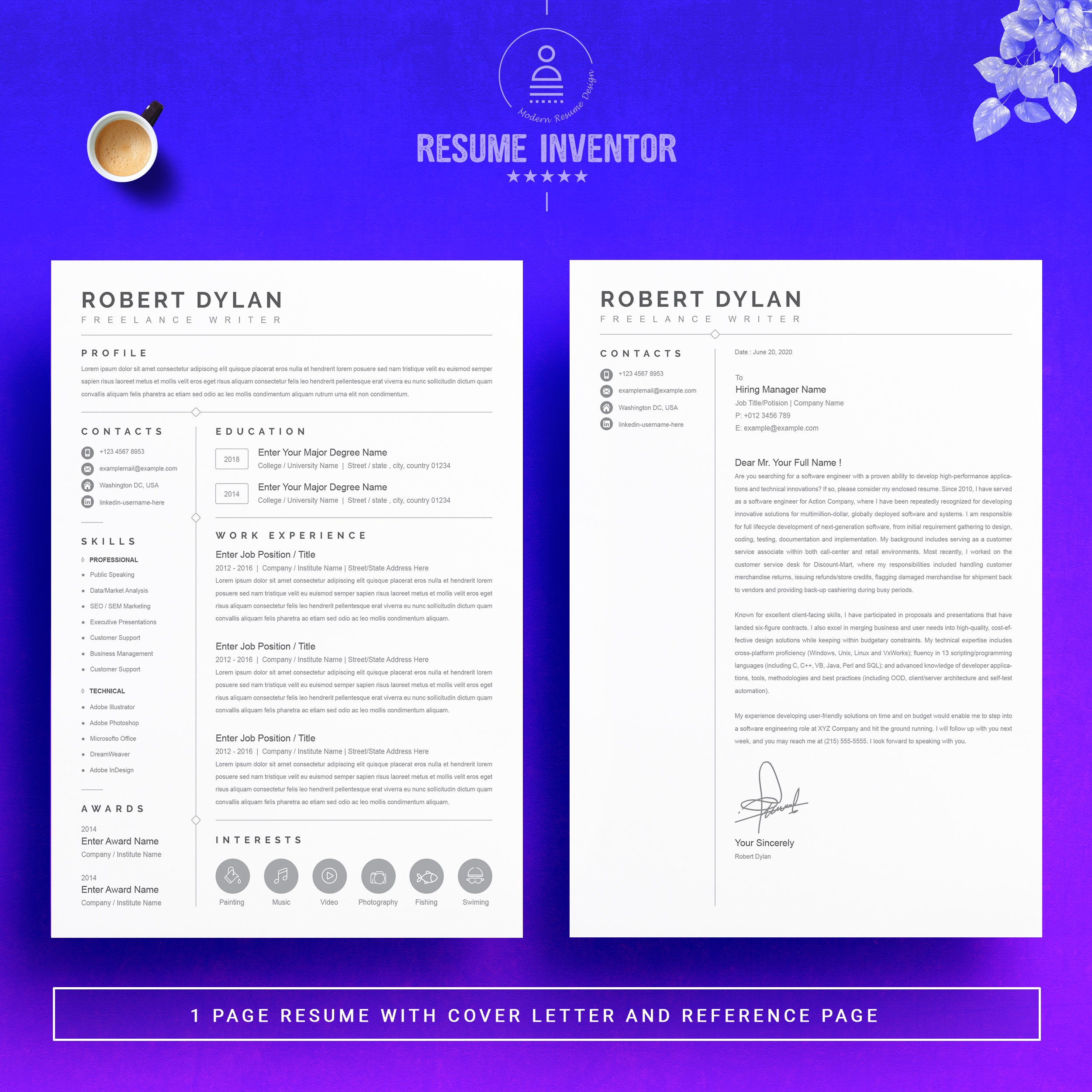 One Page Optimize Resume Template CV Curriculum Vita - Etsy