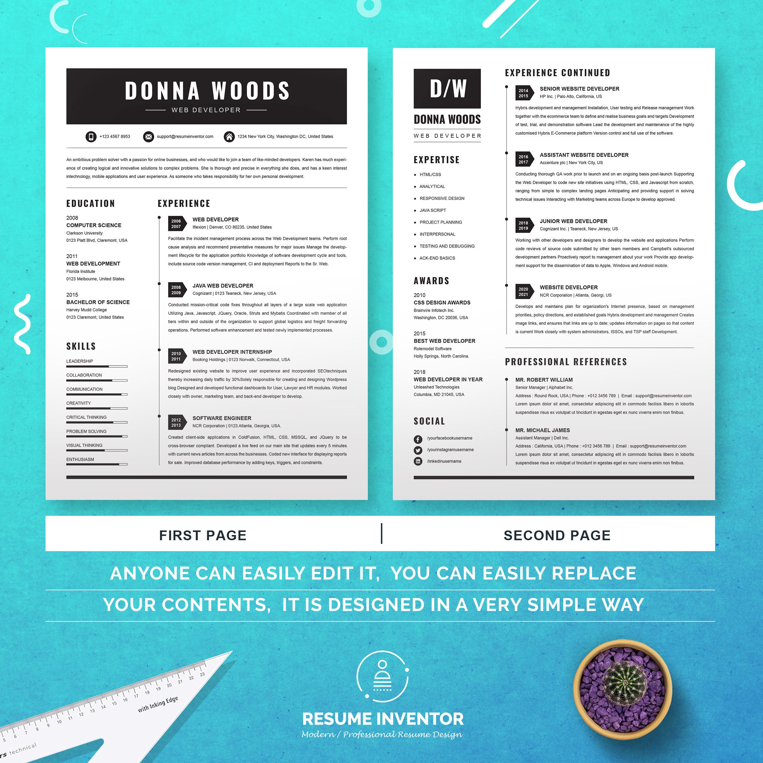 Resume / CV Template for Web Developer IT Resume Word - Etsy