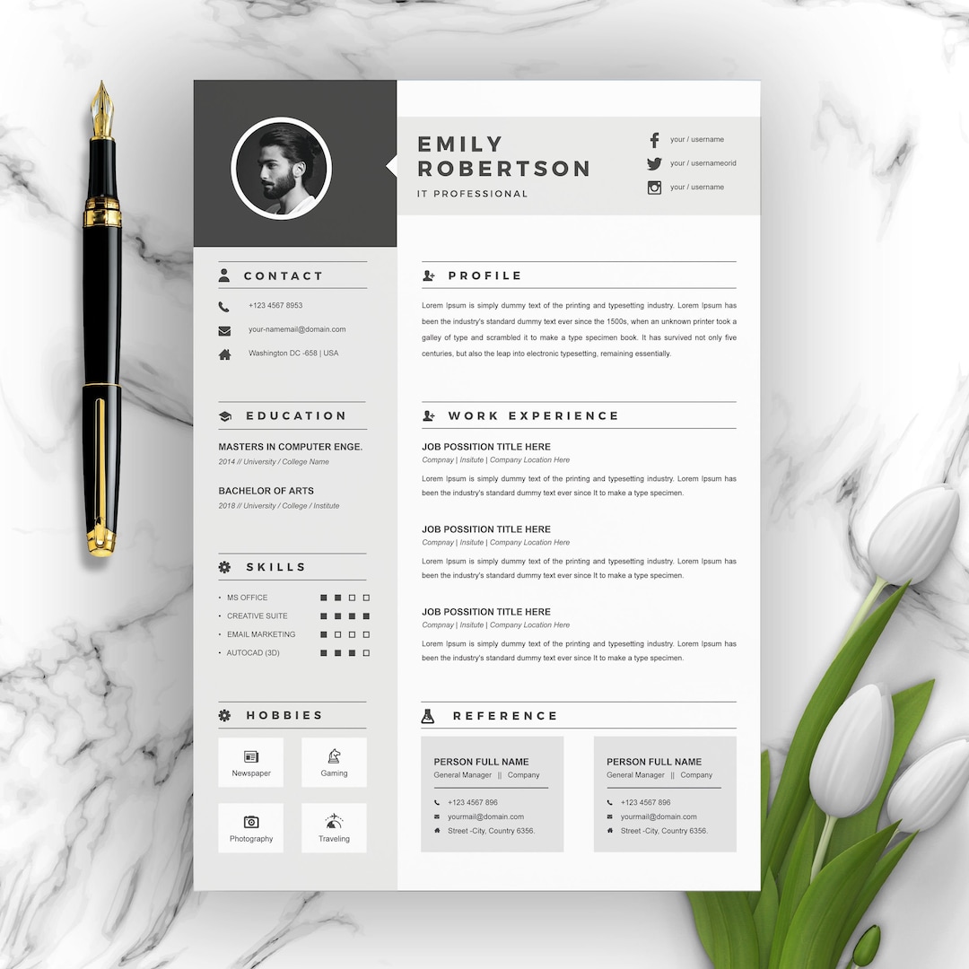 Resume Template One Pages With Cover Letter - Etsy