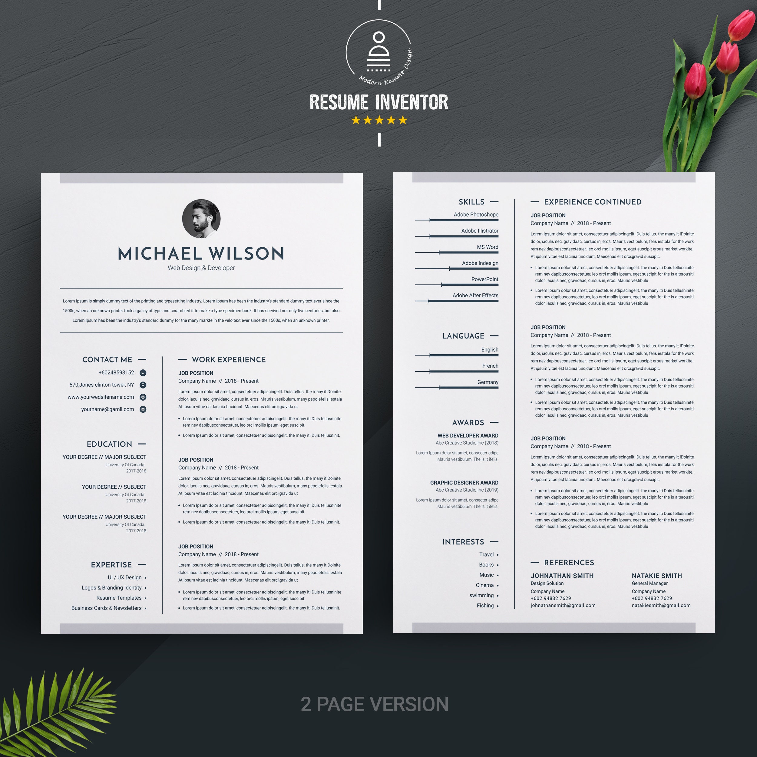 2 Pages Clean Professional Resume CV Curriculum Vitae Design Template ...