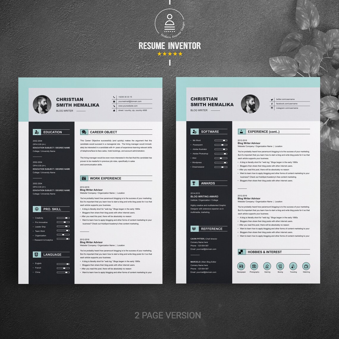 Professional Resume Template MS Word CV Design 2 Pages Best Curriculum ...