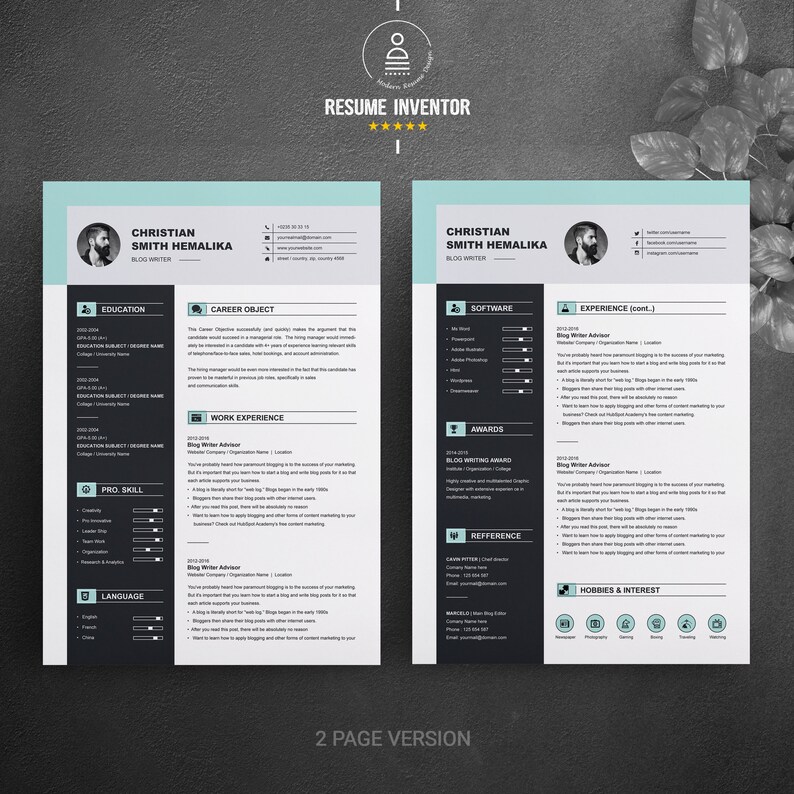 Professional Resume Template MS Word CV Design 2 Pages Best Curriculum ...