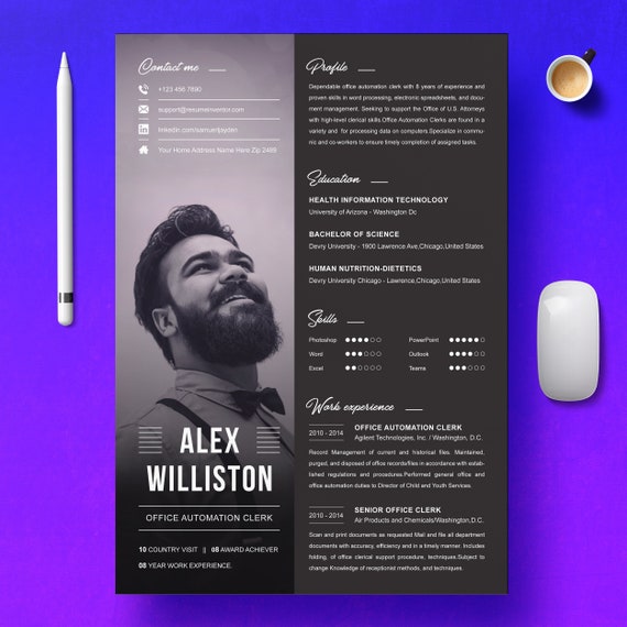 Professional Black Resume Template With Photo Modern Resume - Etsy