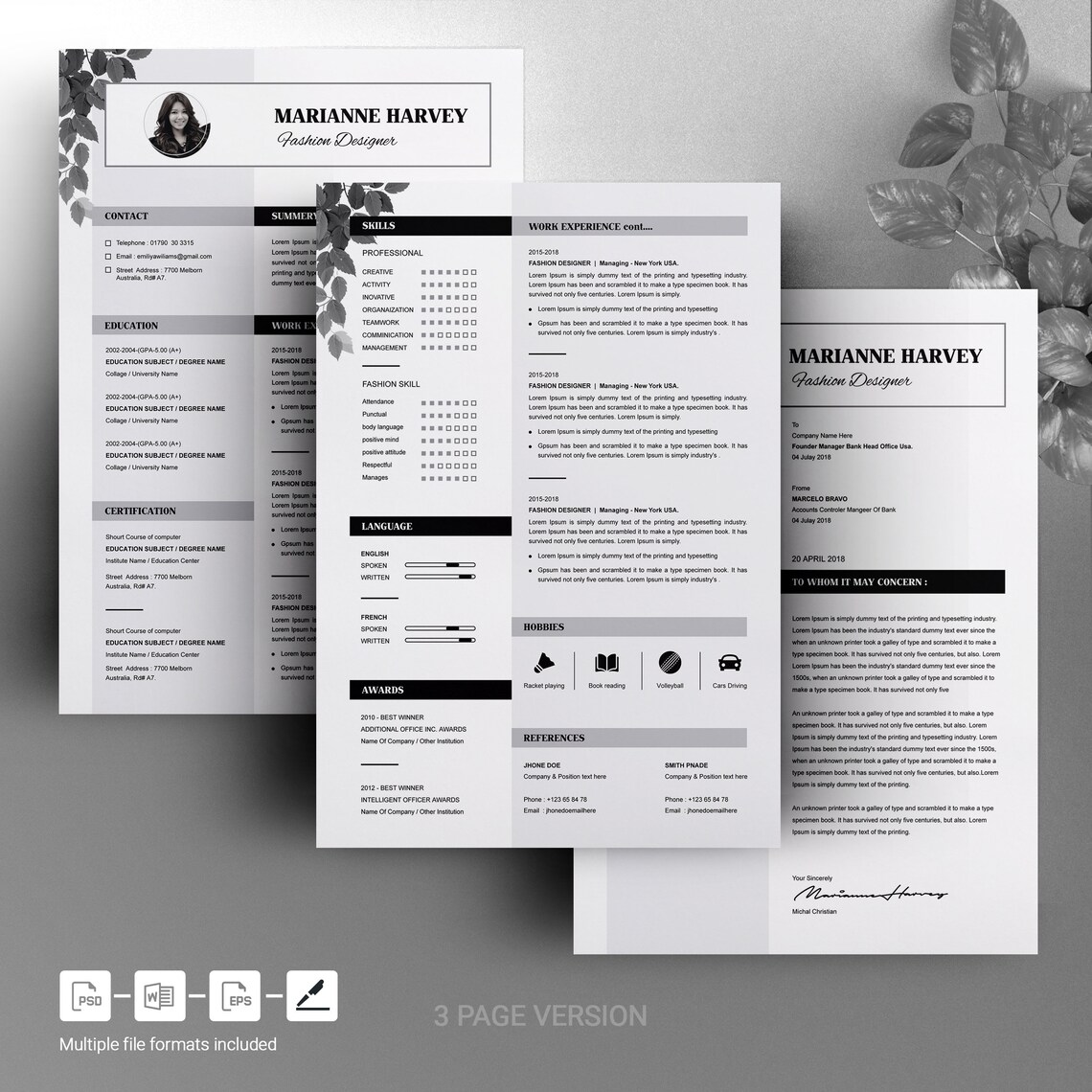 Resume / CV Design Template Feminine & Elegant MS Word Instant Download ...