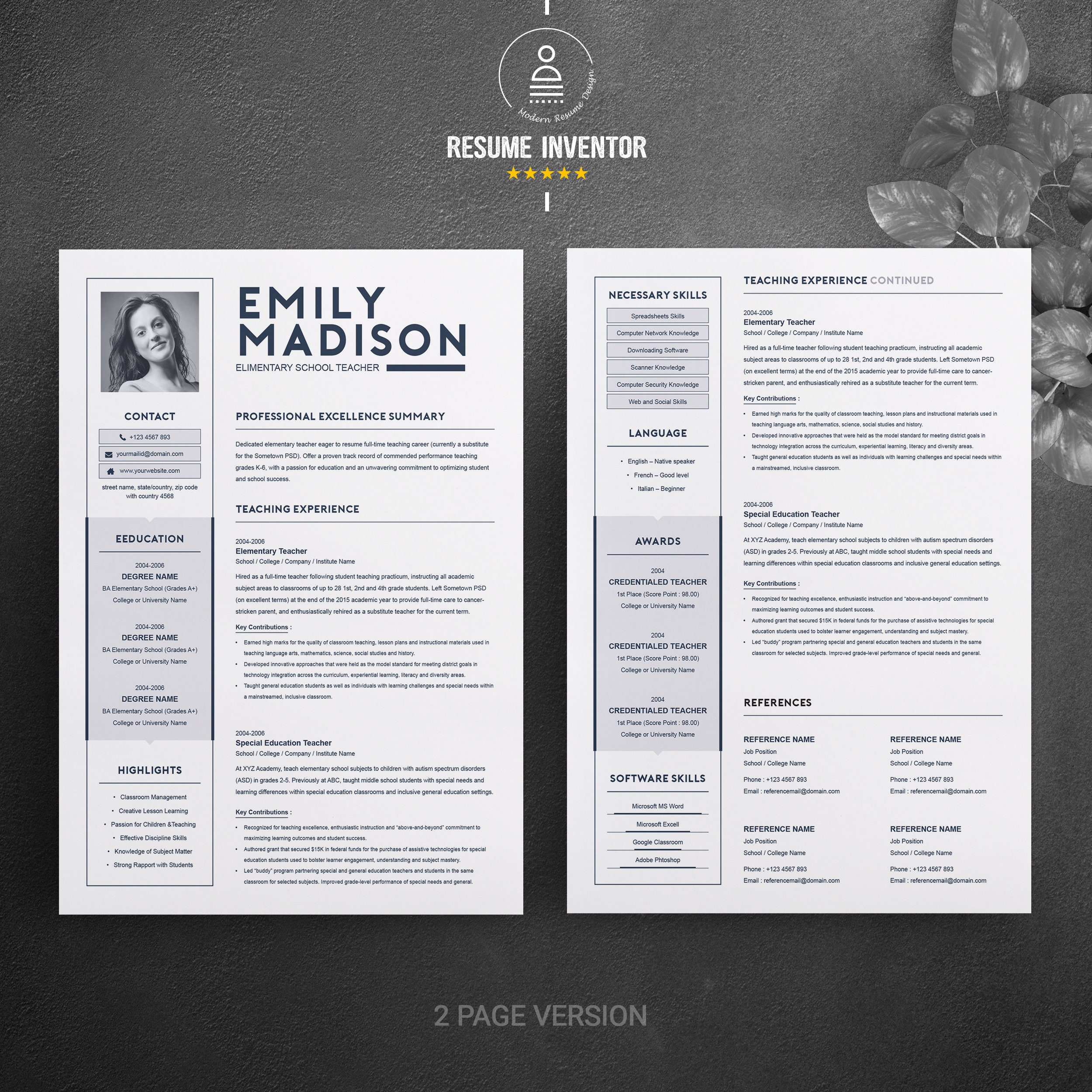 TEACHER Resume Template for MS Word | 1 and 2 Page Resume, Cover Letter ...