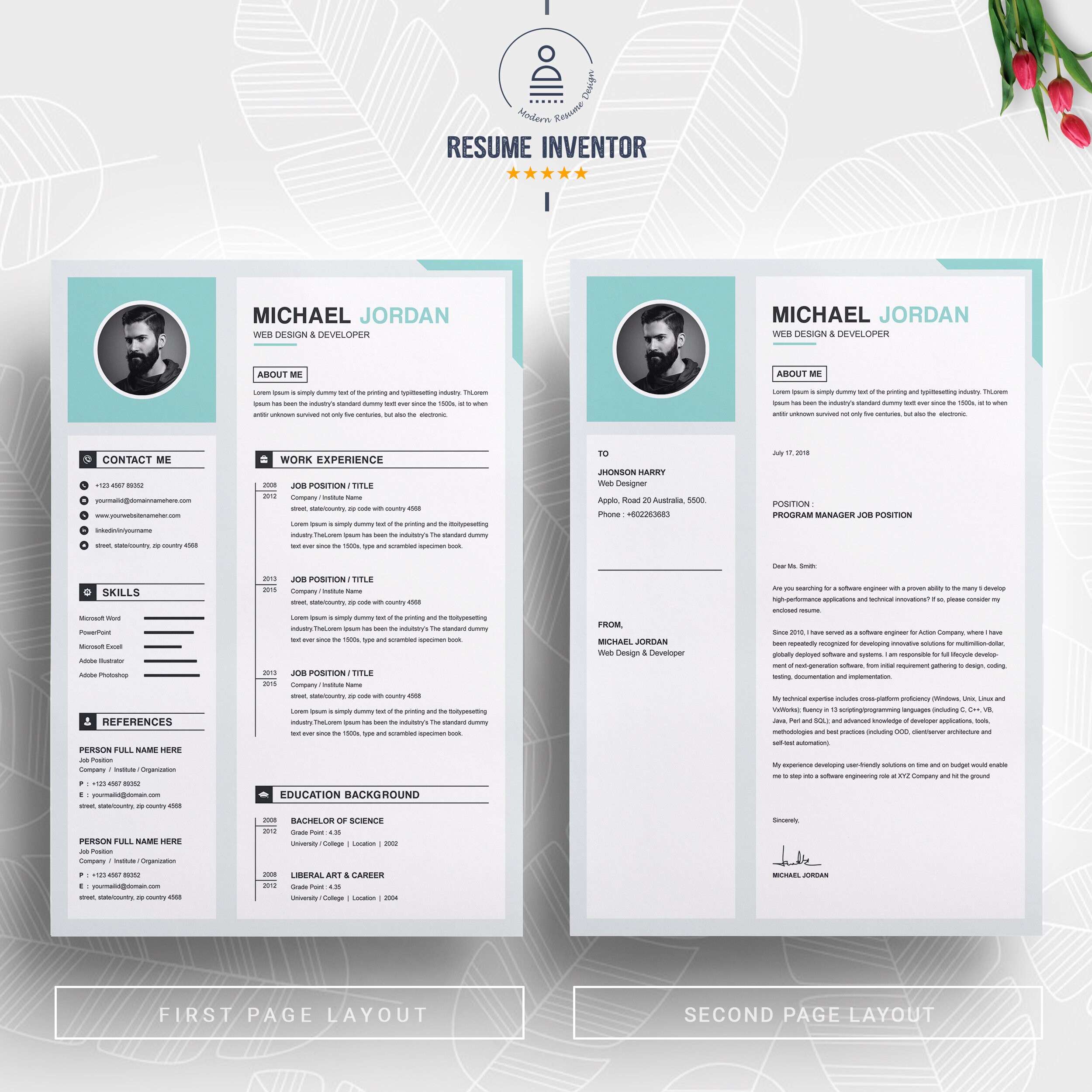One Page Clean and Professional Resume Design Template MS Word Apple ...