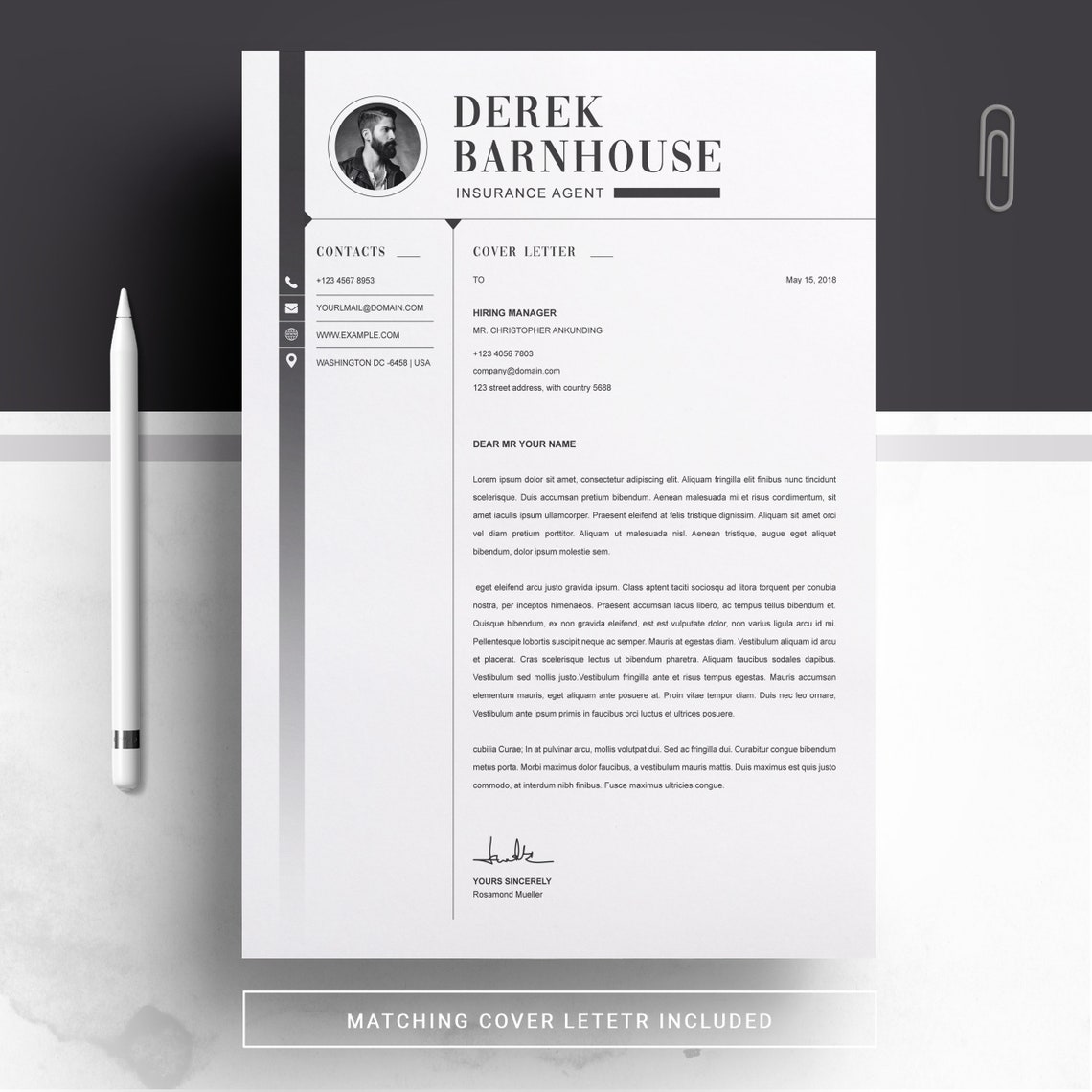 Modern, Clean One Page Resume Template CV Template Cover Letter ...