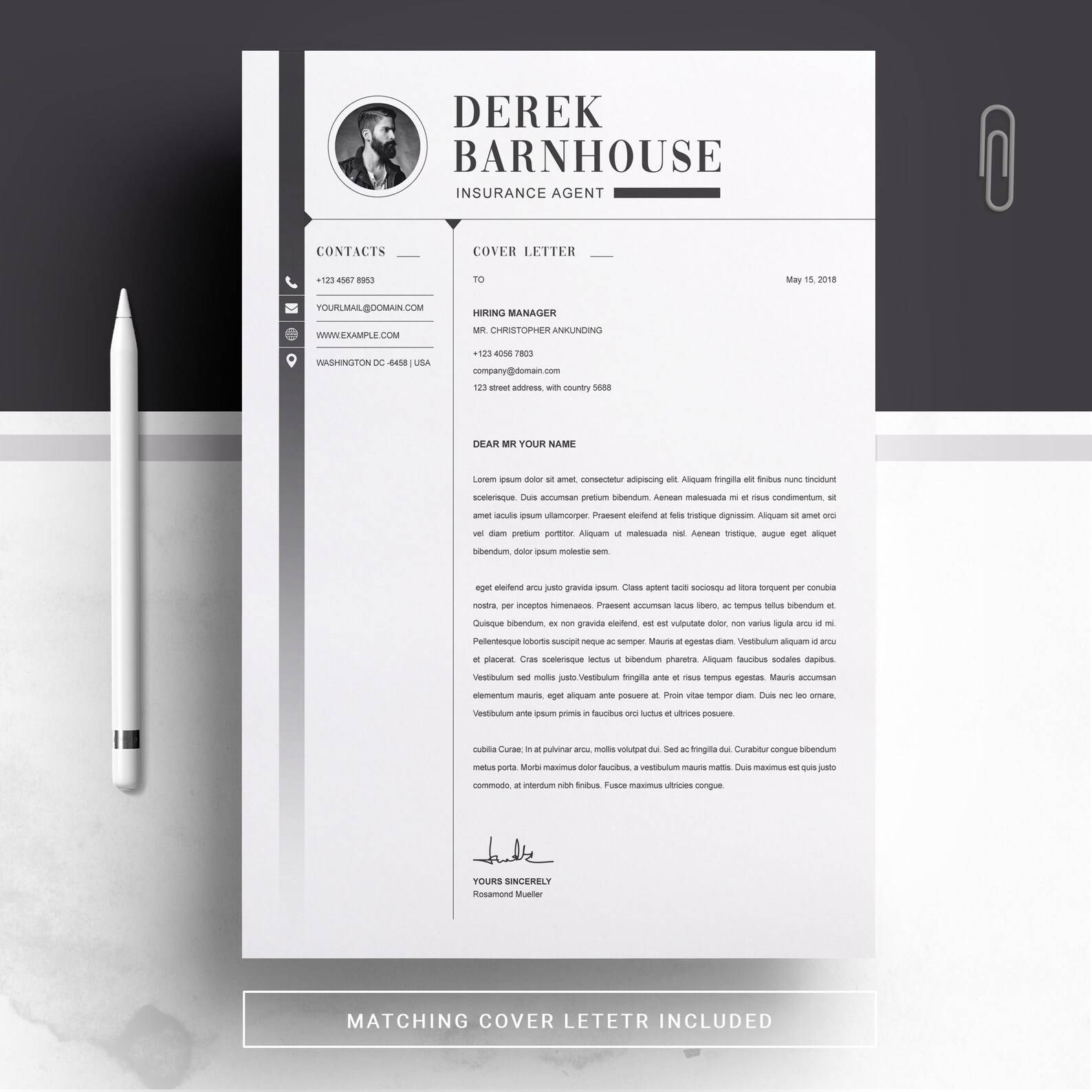 Modern, Clean One Page Resume Template | CV Template + Cover Letter ...