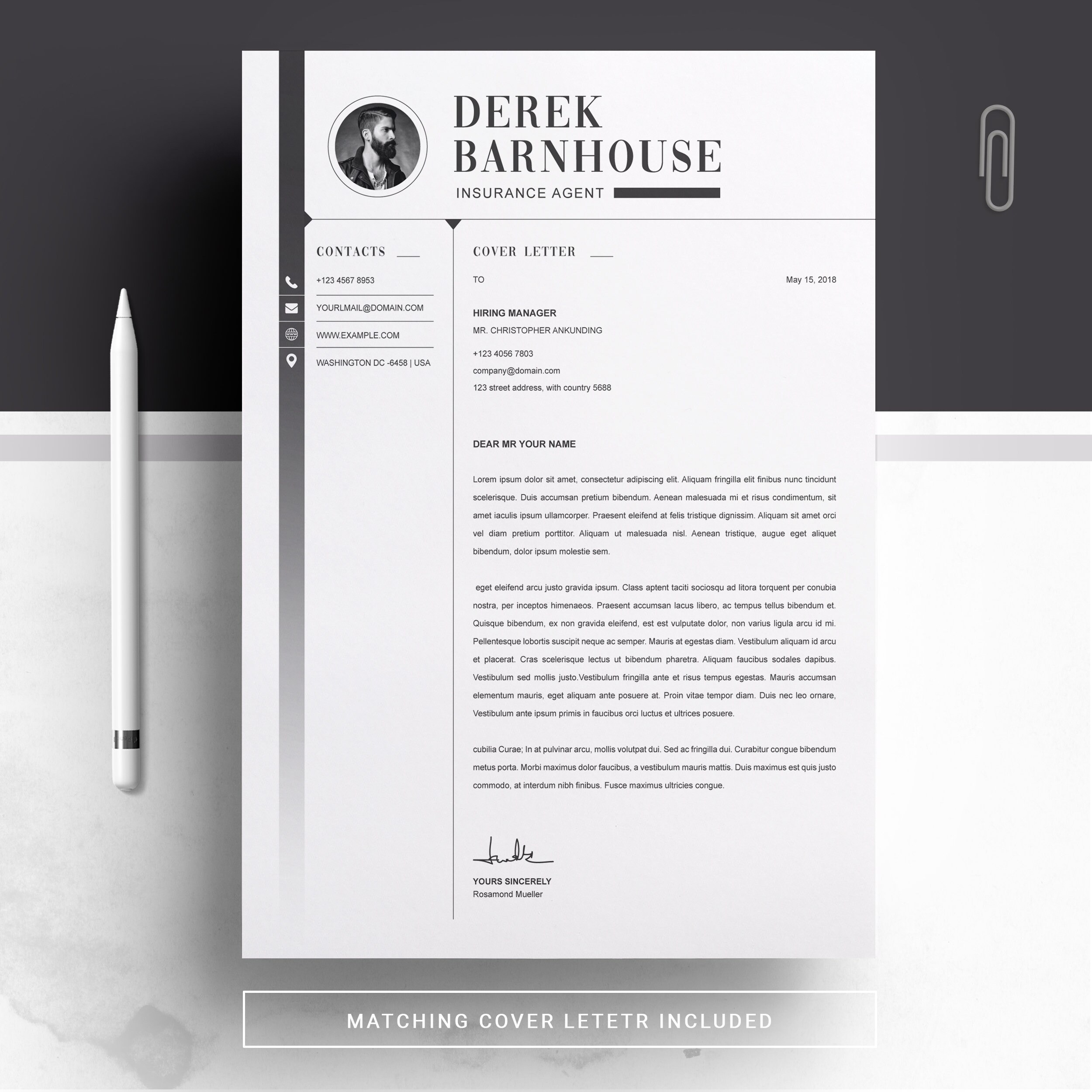 Modern, Clean One Page Resume Template | CV Template + Cover Letter ...