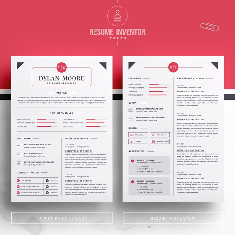Modern and Clean Resume Template 4 Pages With 2 Style MS Word Templates ...