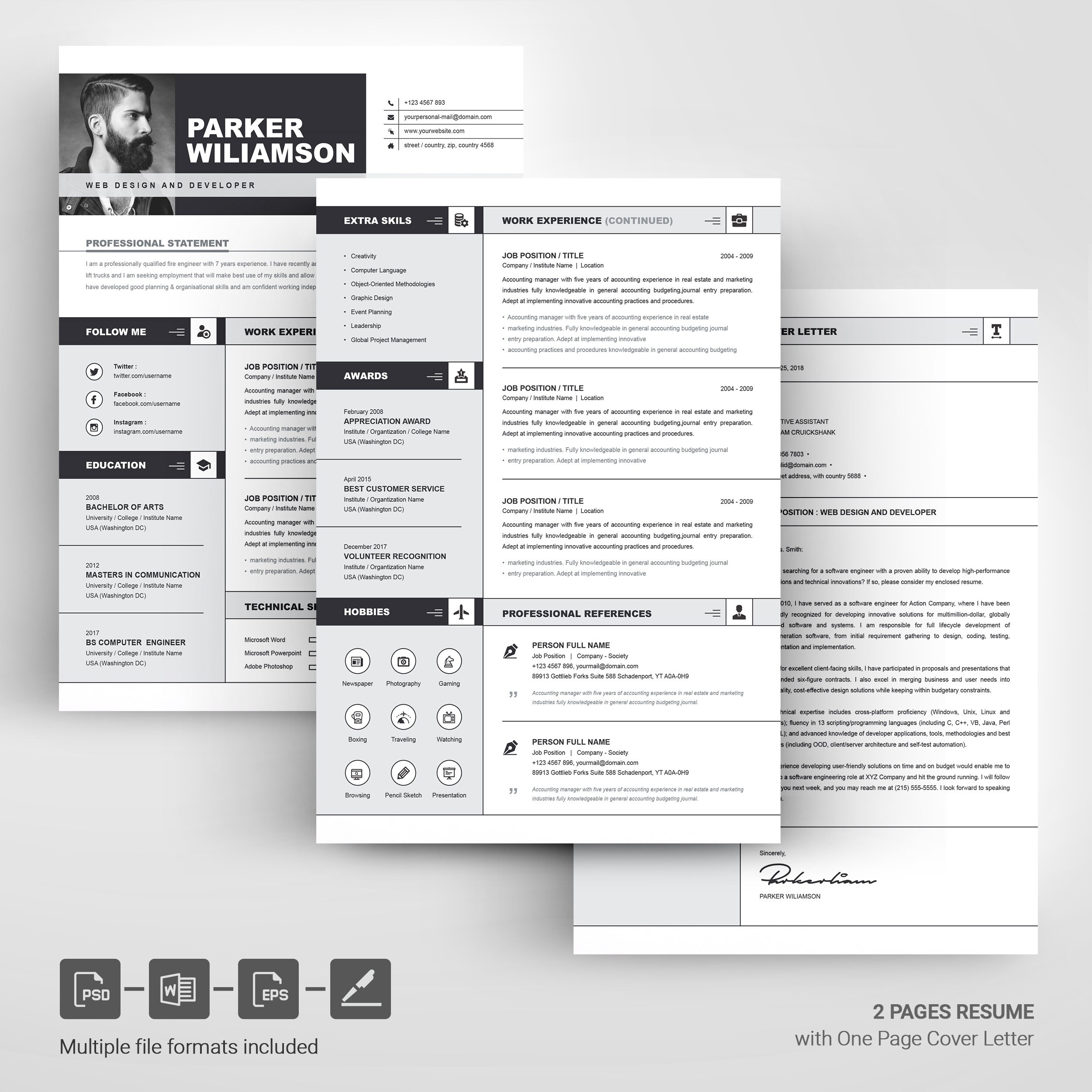 2 Page MS Word Clean Professional & Modern Resume Design Template CV ...