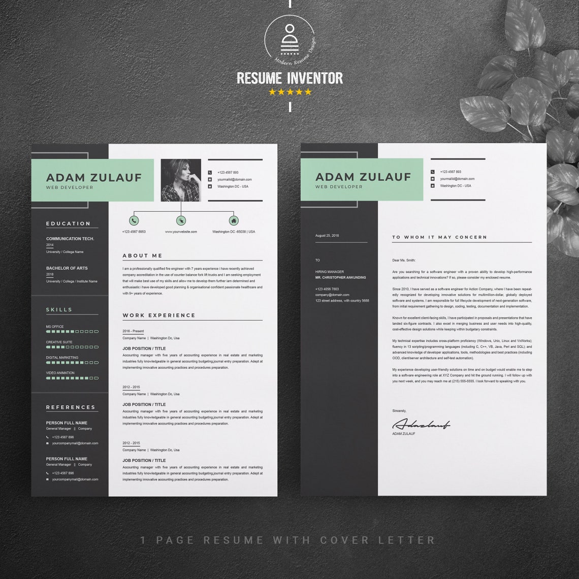 One Page Resume / CV Template Cover Letter Word - Etsy