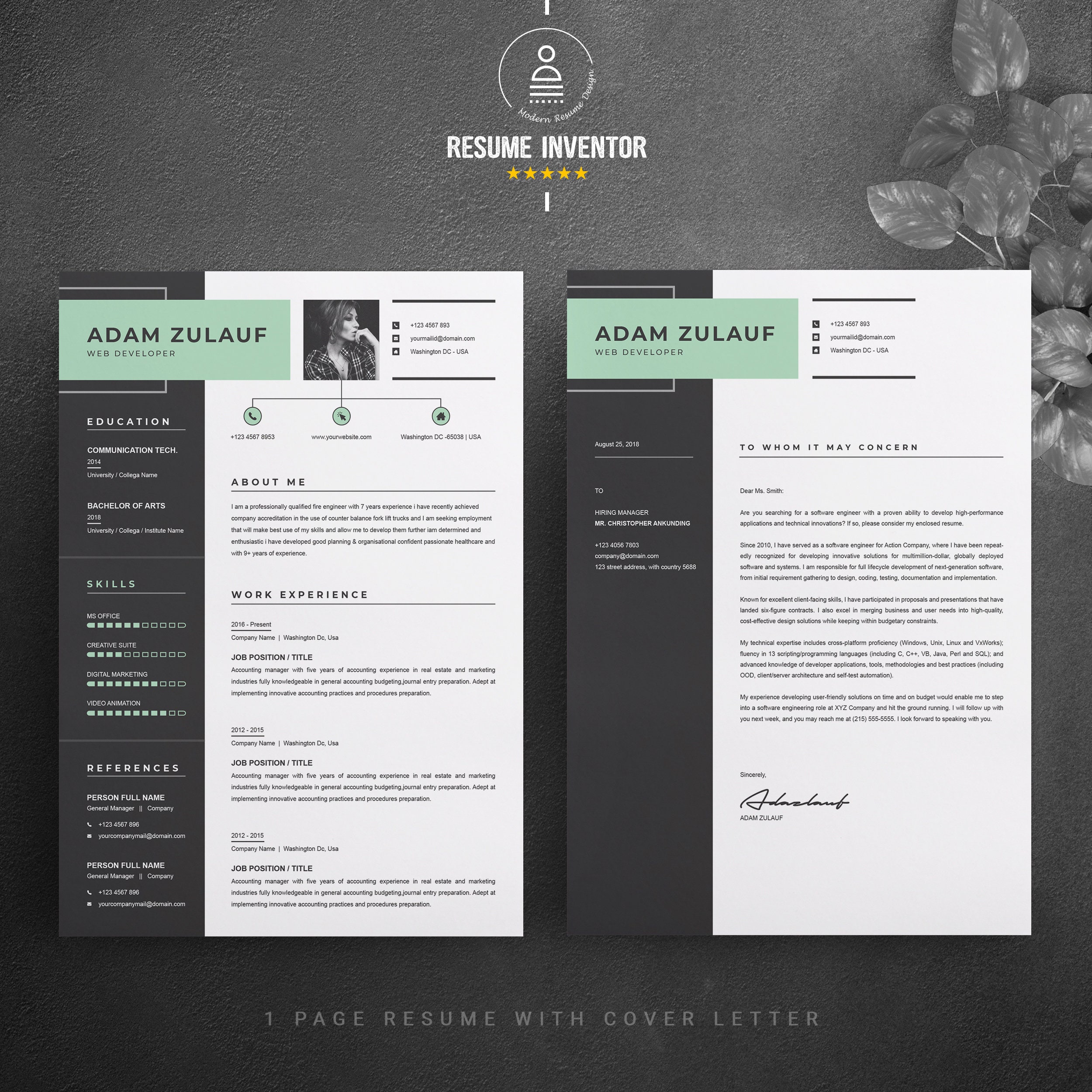 One Page Resume / CV Template + Cover Letter Word - Etsy