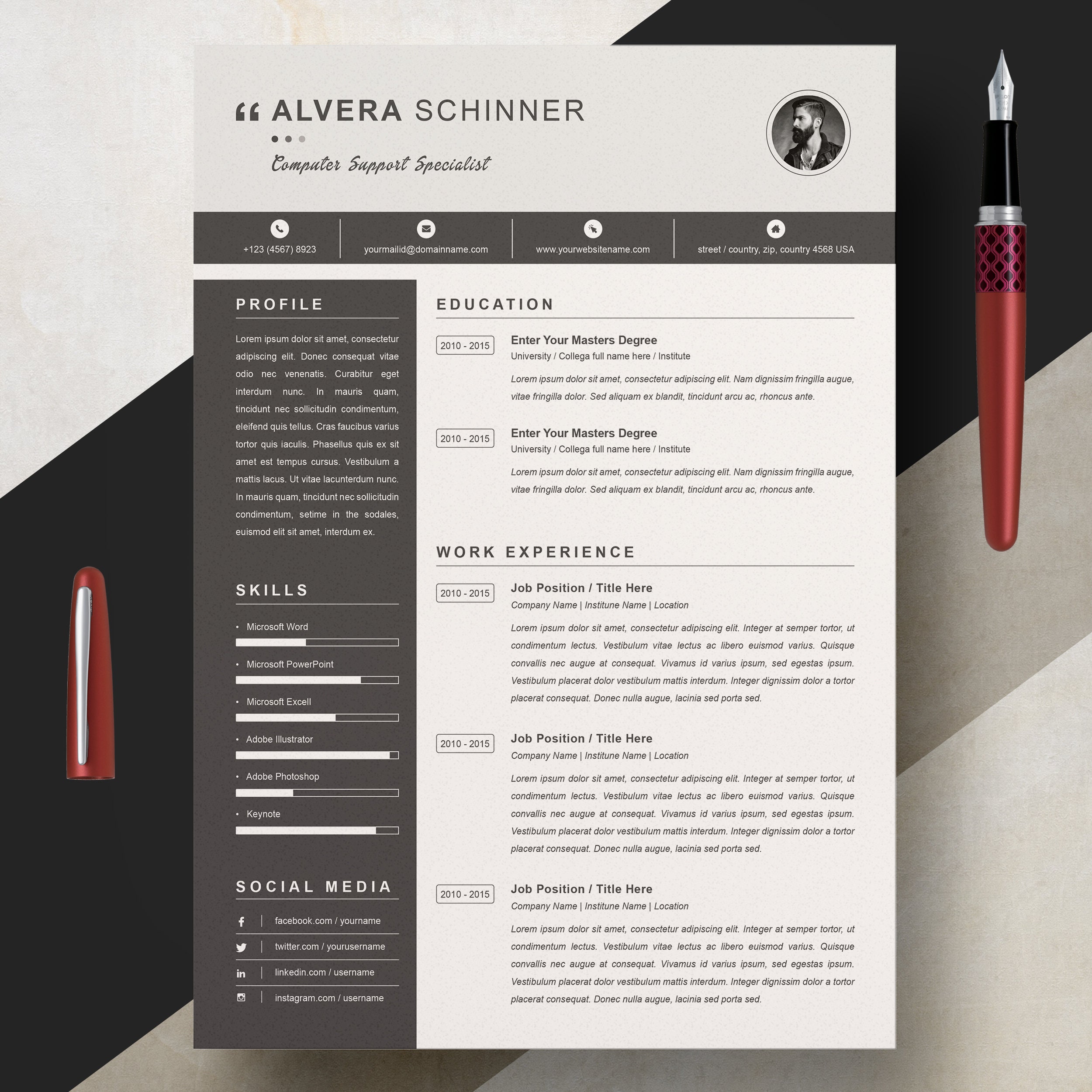 Black Resume Template / CV Design Template MS Word Apple Pages Instant ...