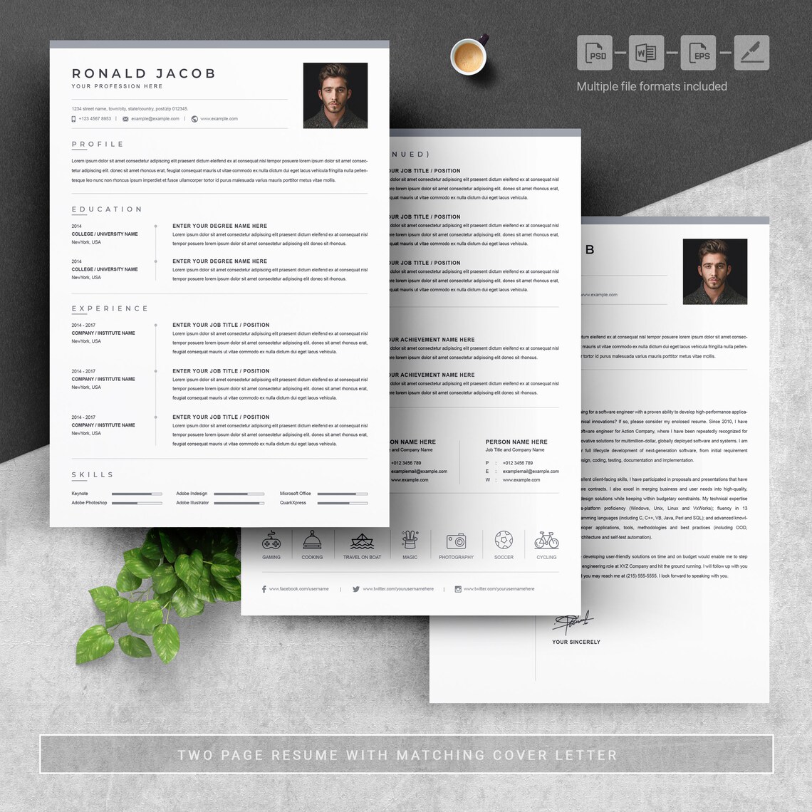Modern Resume Template Cover Letter Word Maca4 CV - Etsy