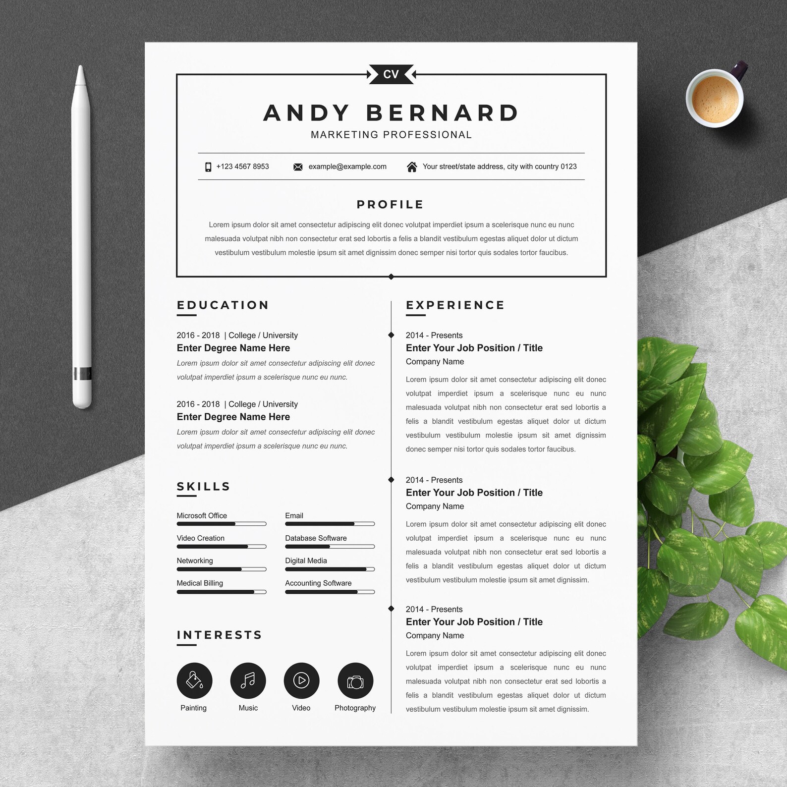 CV Resume Template With Photo, Paper Stationery, CV Template, Modern ...