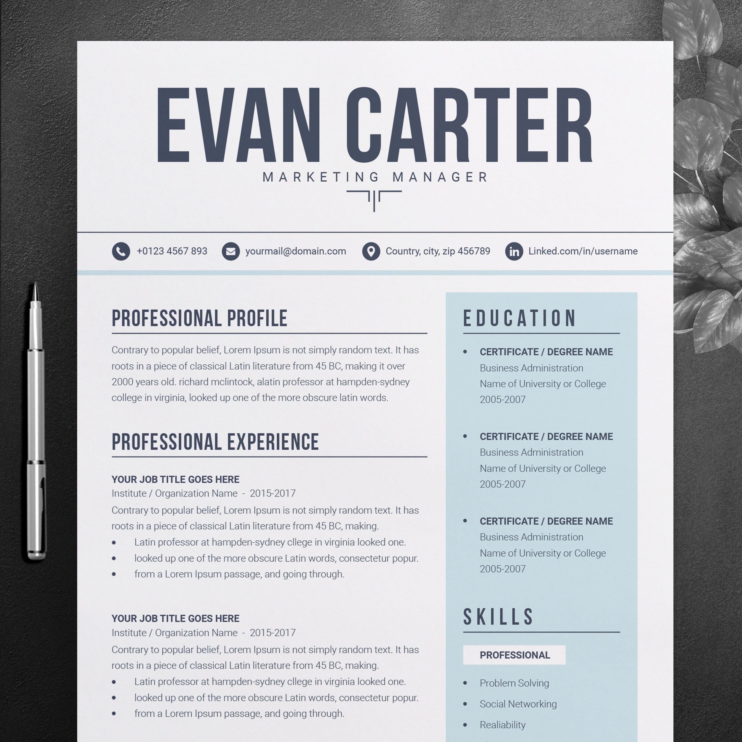 Simple Clean Resume Design Word Template Two Page Modern, Professional ...