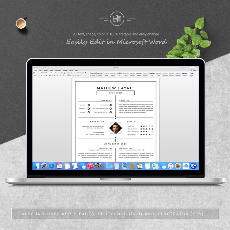 One Page Resume Template With Cover Letter MS Word Format - Etsy