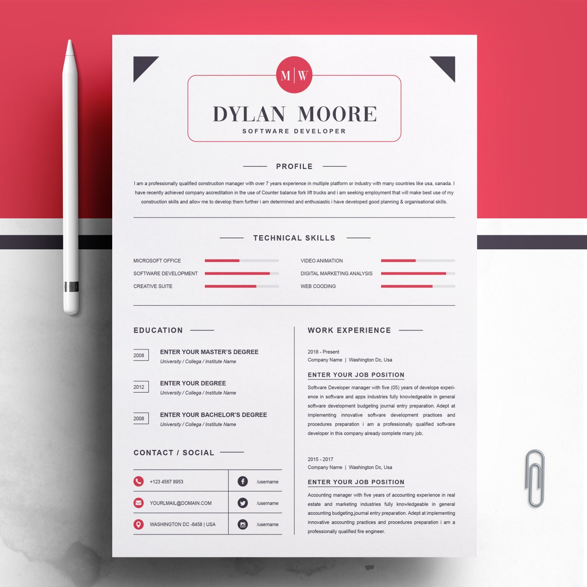 Modern and Clean Resume Template 4 Pages With 2 Style MS Word Templates ...