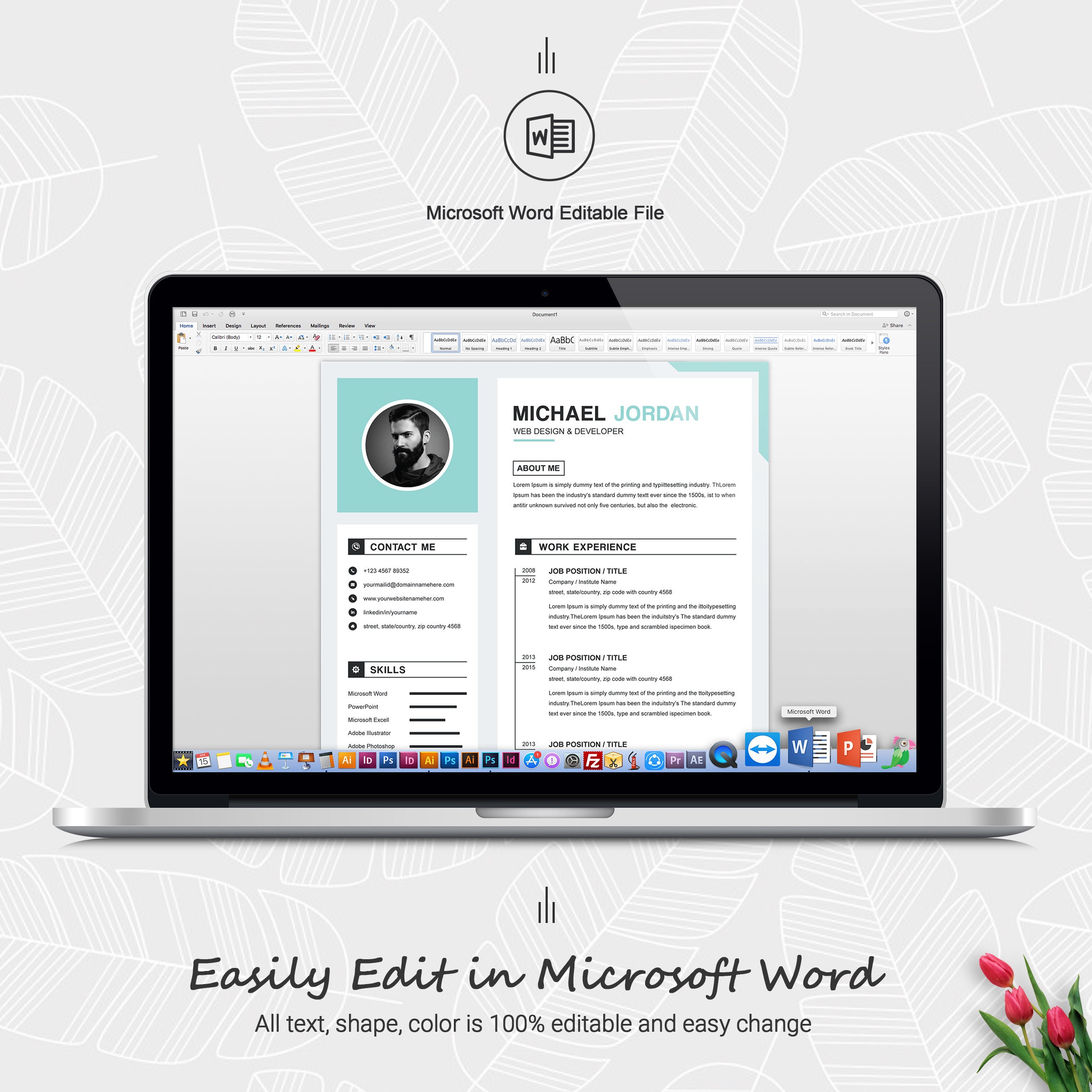 One Page Clean and Professional Resume Design Template MS Word Apple ...