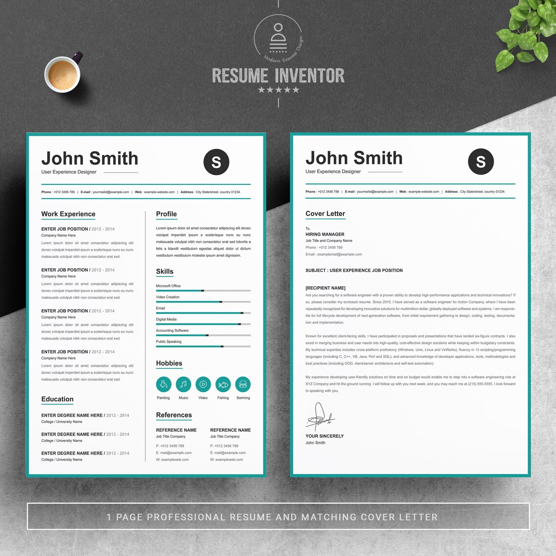Professional 1 Page Resume Template Modern One Page CV Word & Mac Pages ...