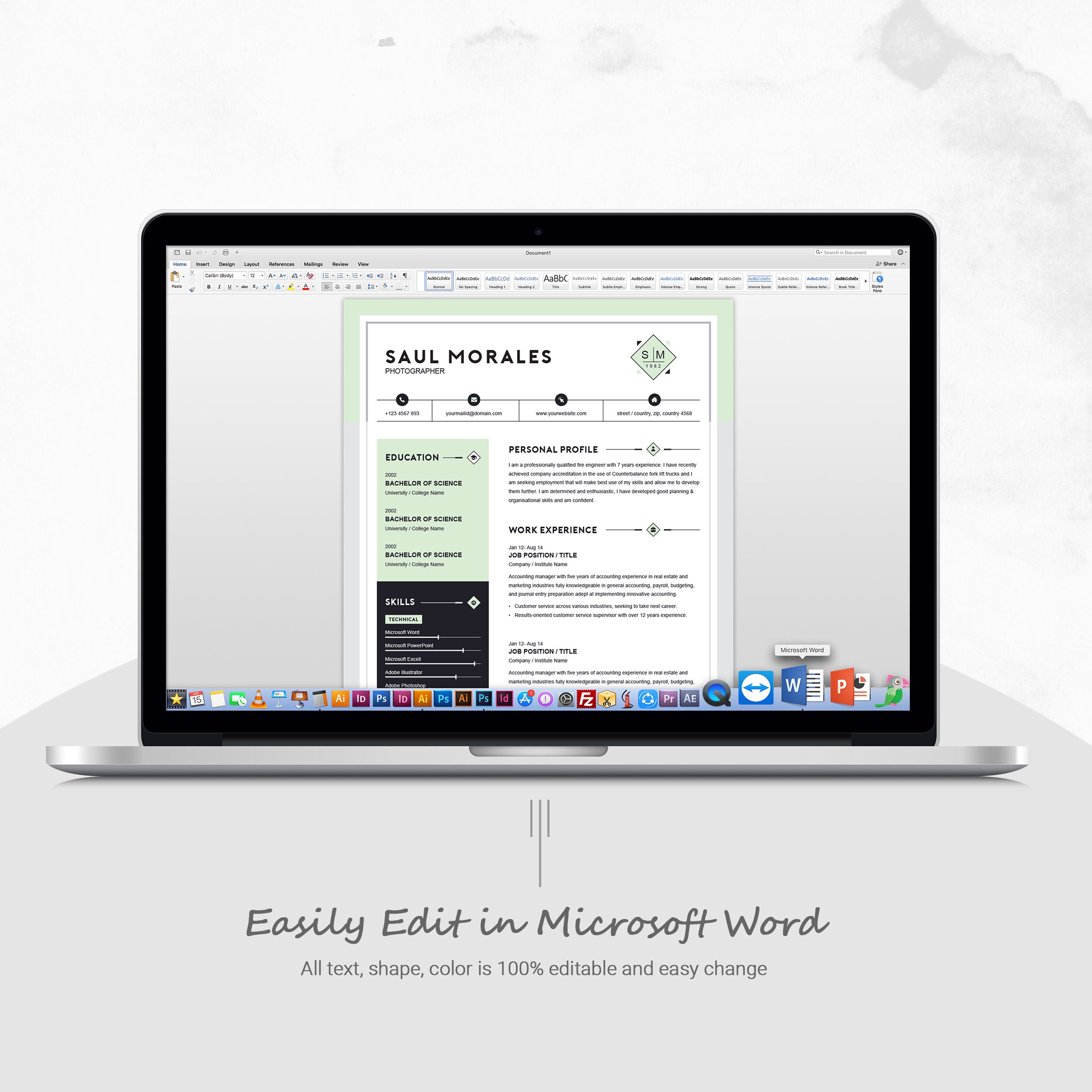 Modern Resume Design Template 3 Page MS Word CV Template With Cover ...
