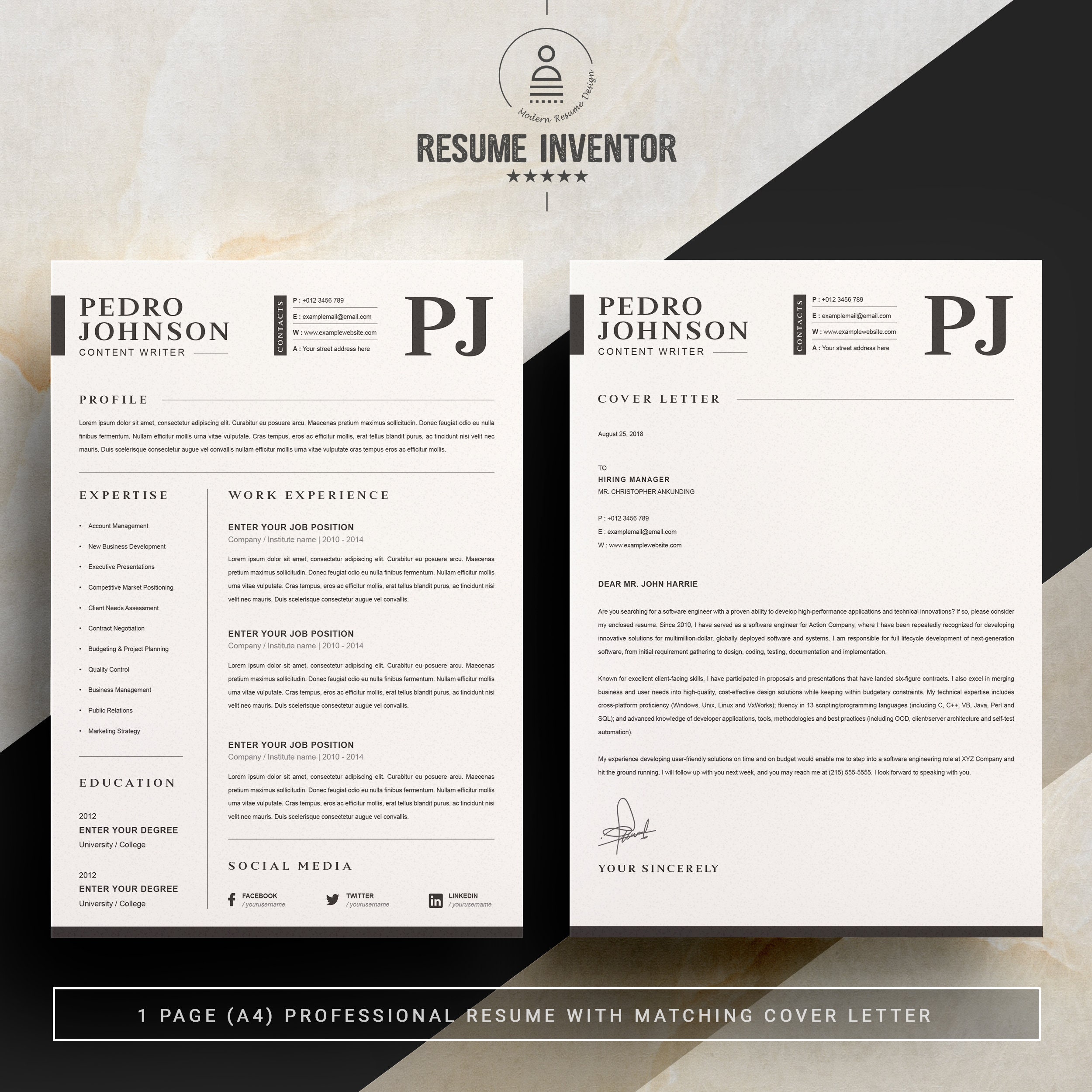 One Page Clean Resume With Cover Letter - Etsy