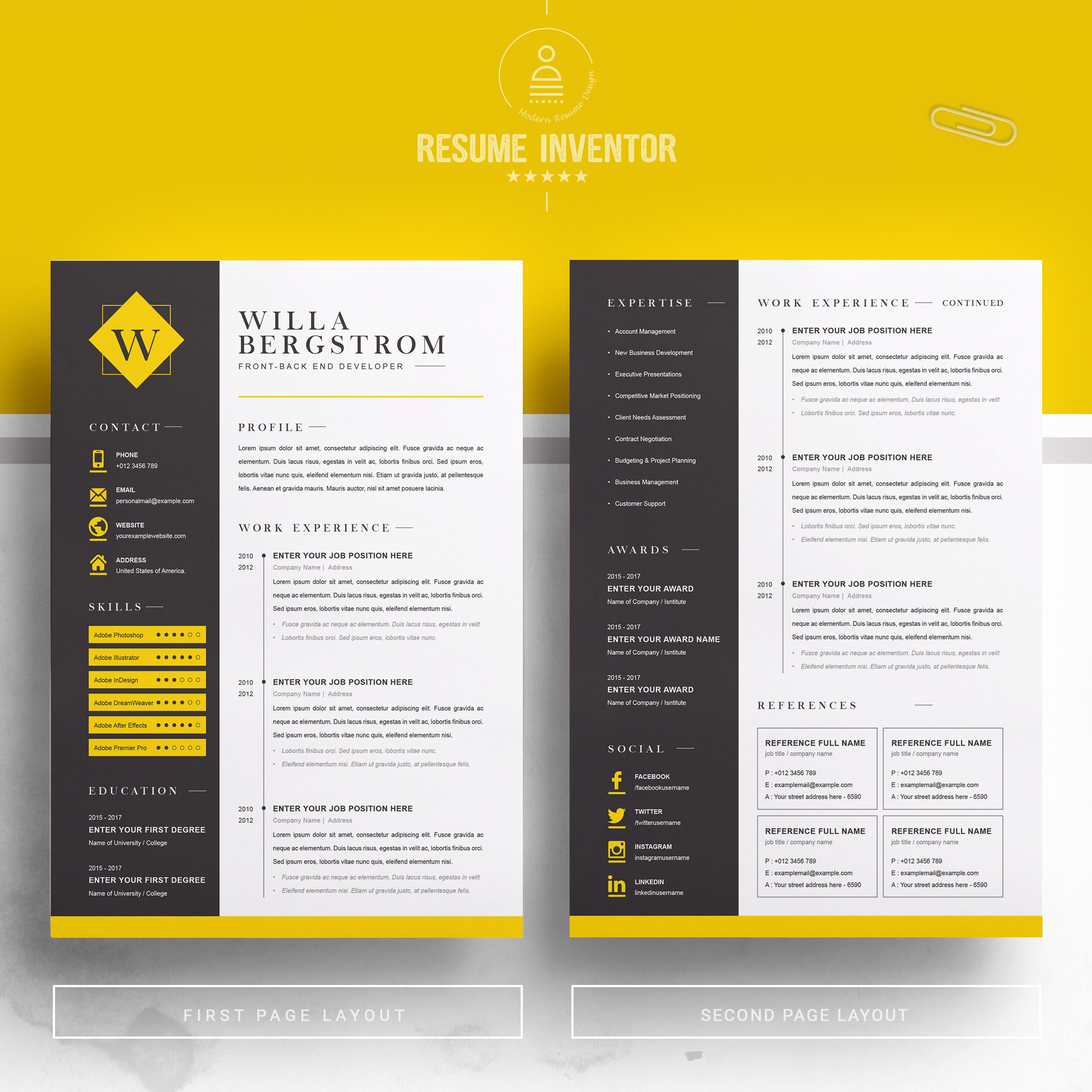 Minimal Yellow Resume Template / CV Template - Etsy