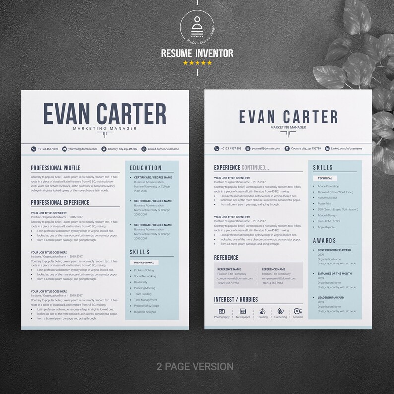 Simple Clean Resume Design Word Template Two Page Modern, Professional ...