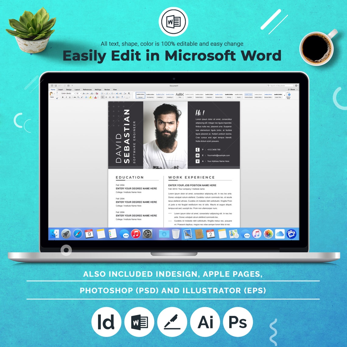 Resume Template Instant Download for Word Professional CV Design Modern ...