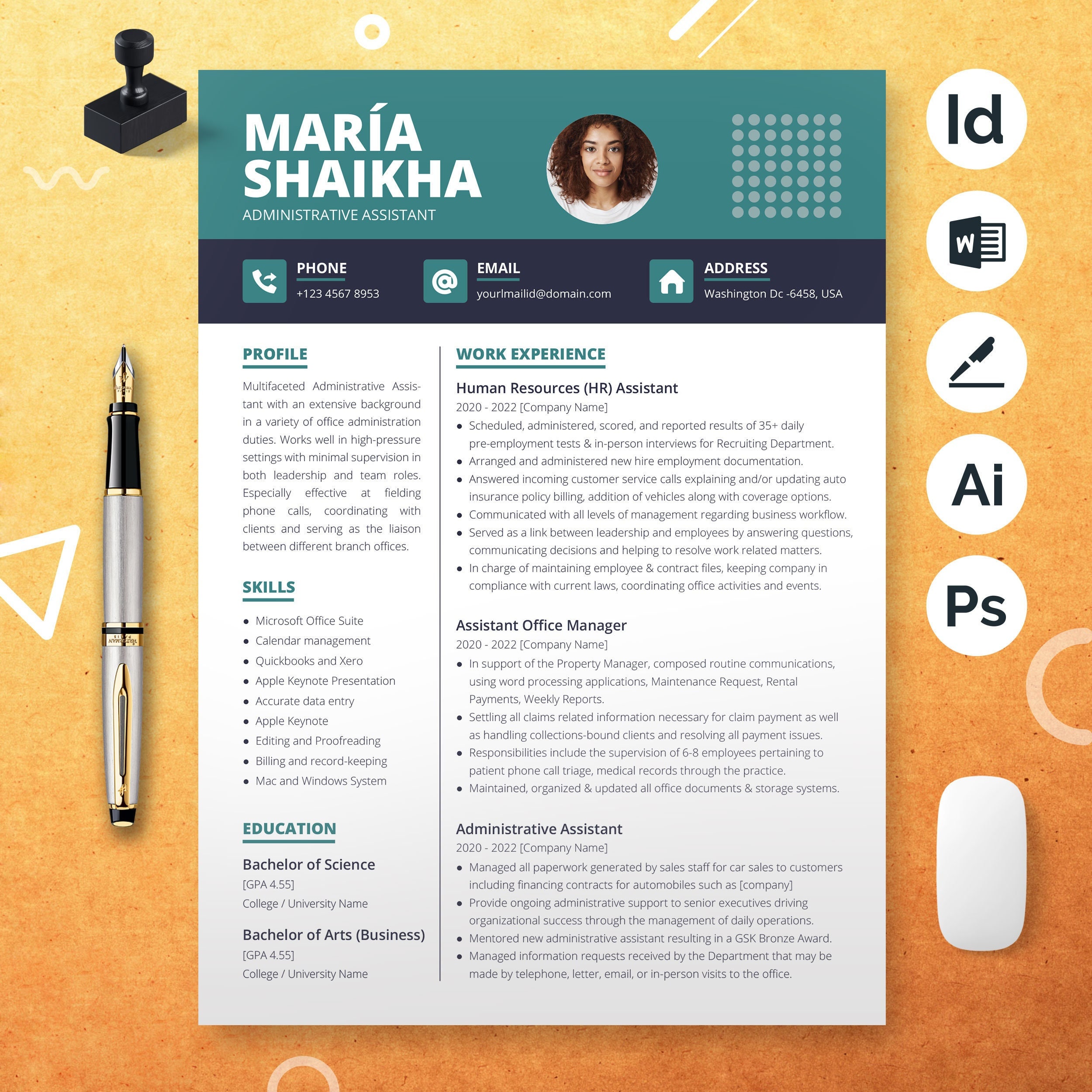 Modern Administrative Assistant Resume Template Executive CV Word ...