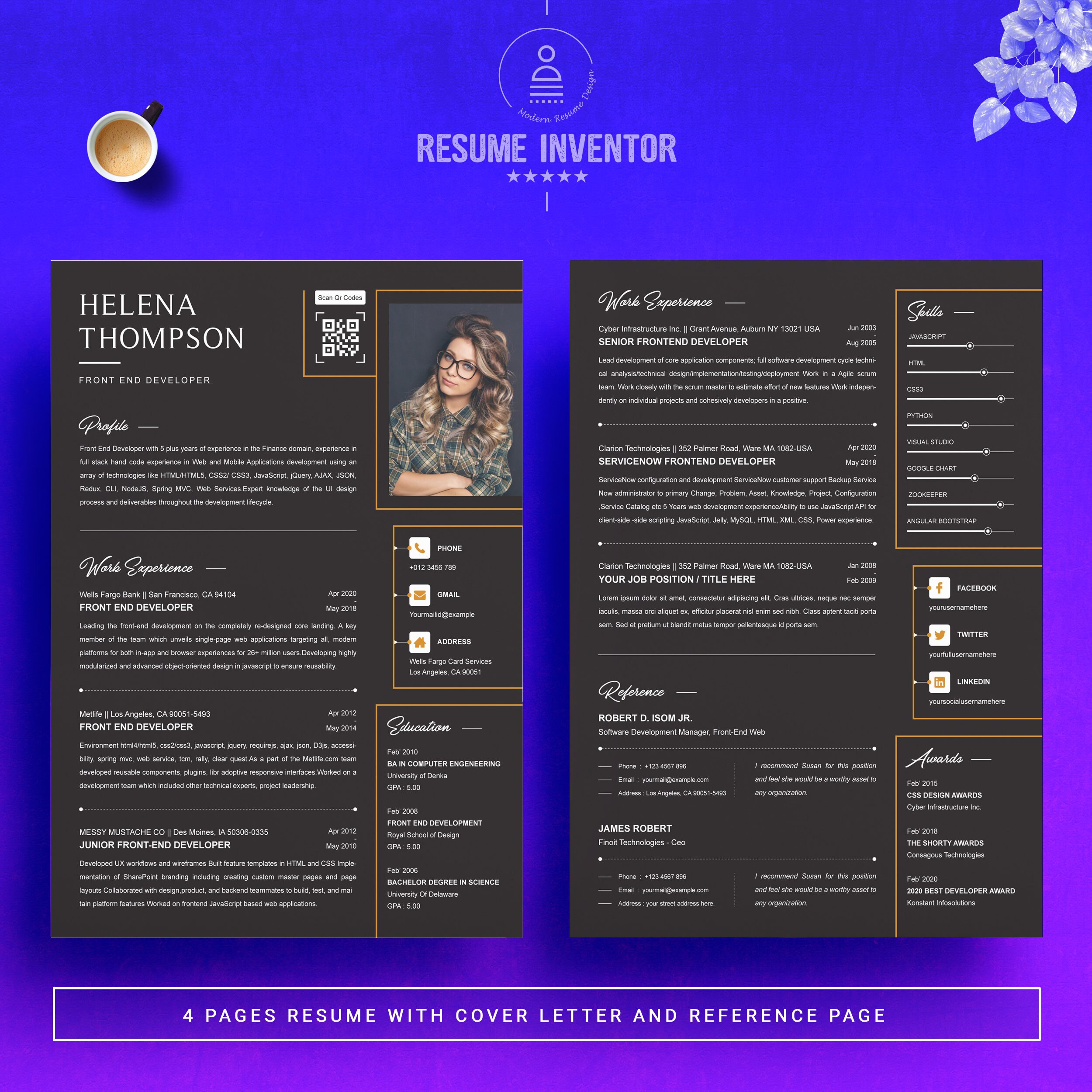 Black Dark Resume Template Word Download CV Format In MS Etsy