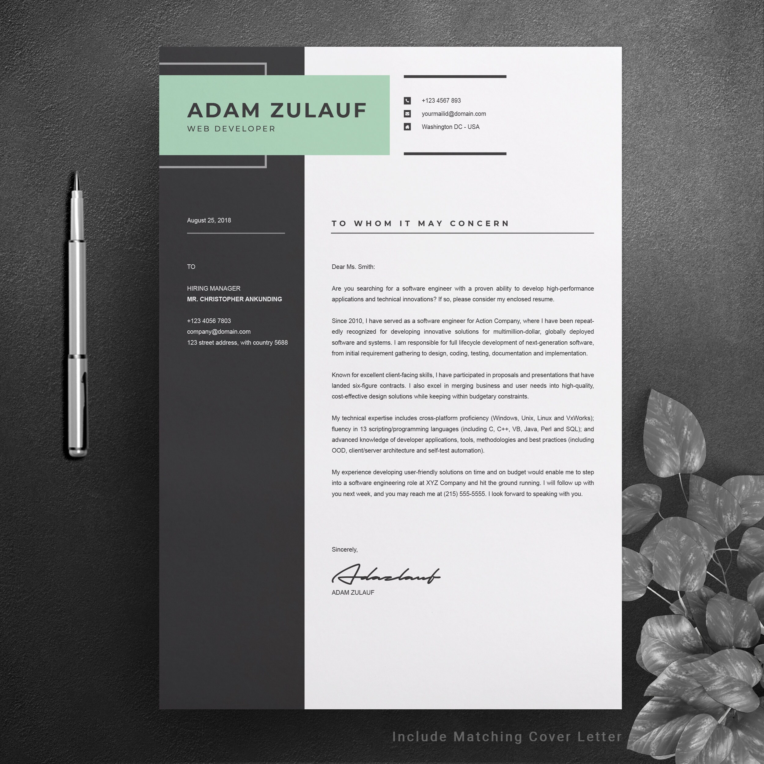 One Page Resume / CV Template + Cover Letter Word - Etsy