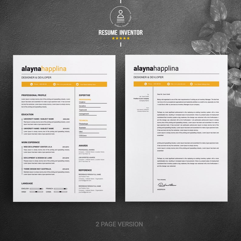 Simple Resume / CV Design Template 2 Page MS Word Old Style Apple Pages ...