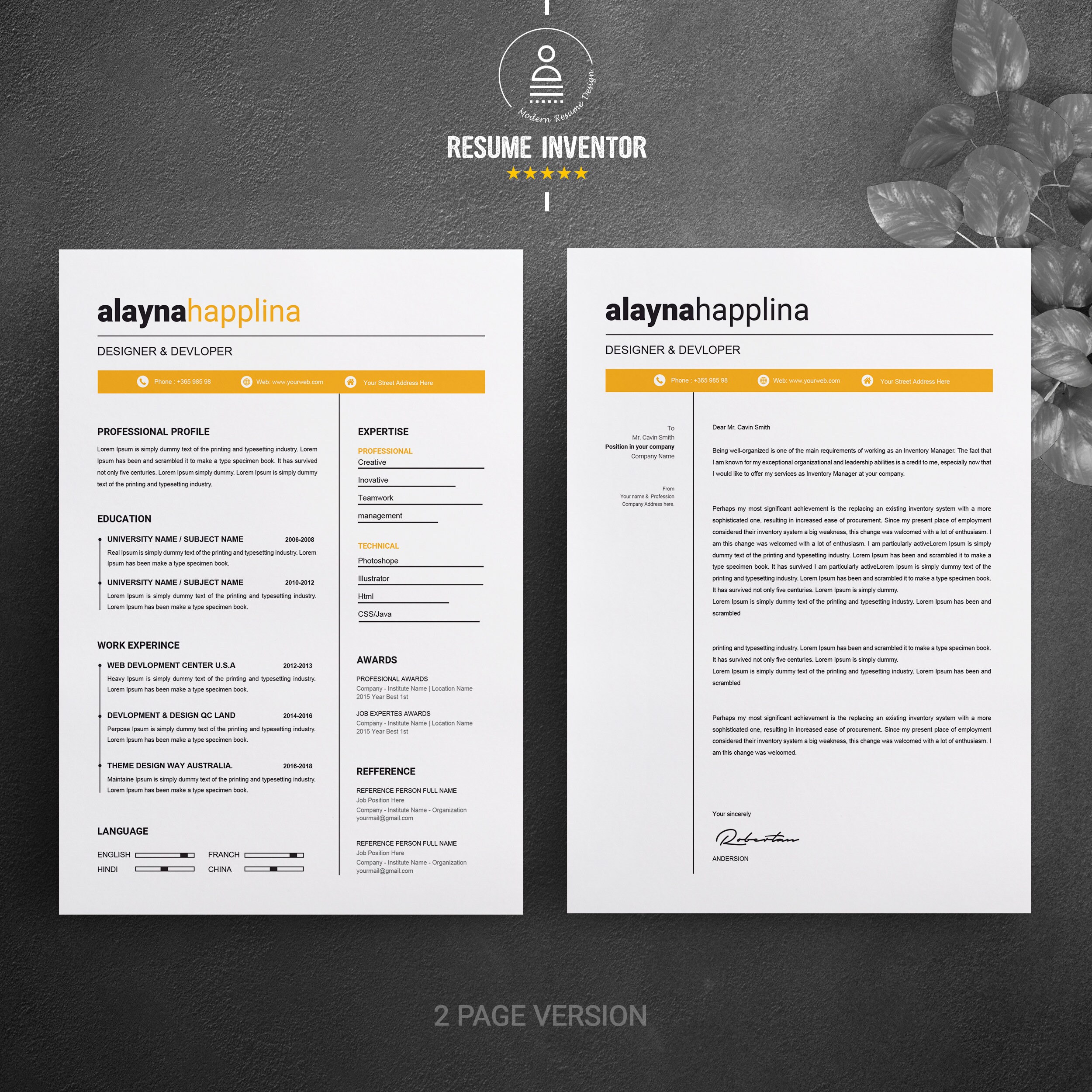 Simple Resume / CV Design Template 2 Page MS Word Old Style Apple Pages ...