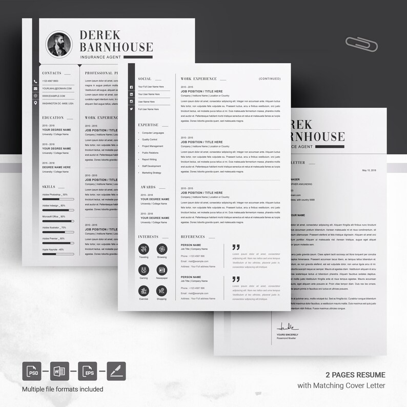 Modern, Clean One Page Resume Template | CV Template + Cover Letter ...