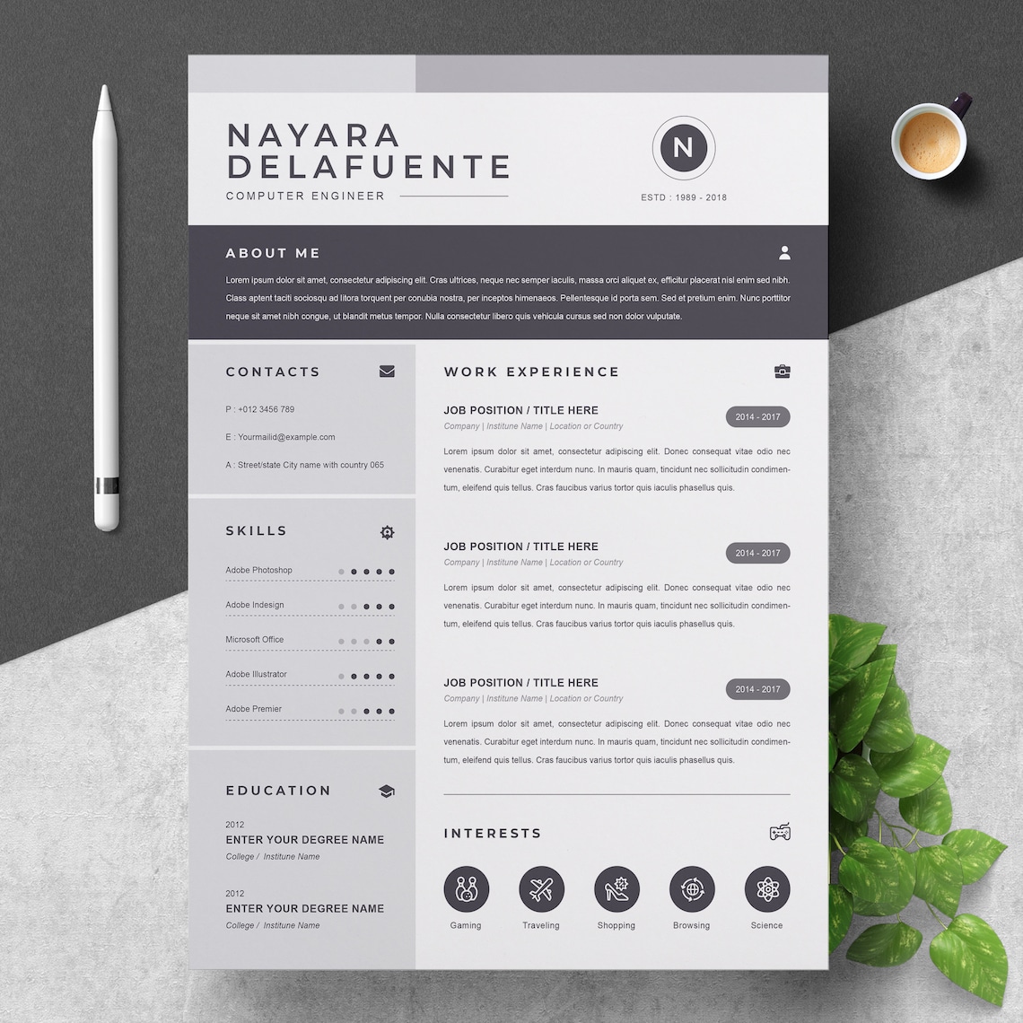 One Page Professional Resume Template - Etsy