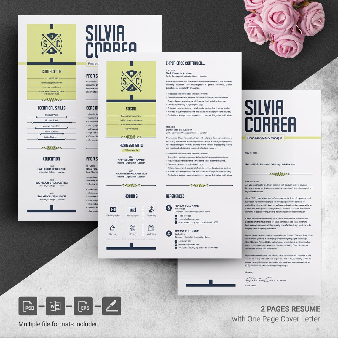 Modern & Professional Resume / CV Design MS Word Apple Pages, PSD ...