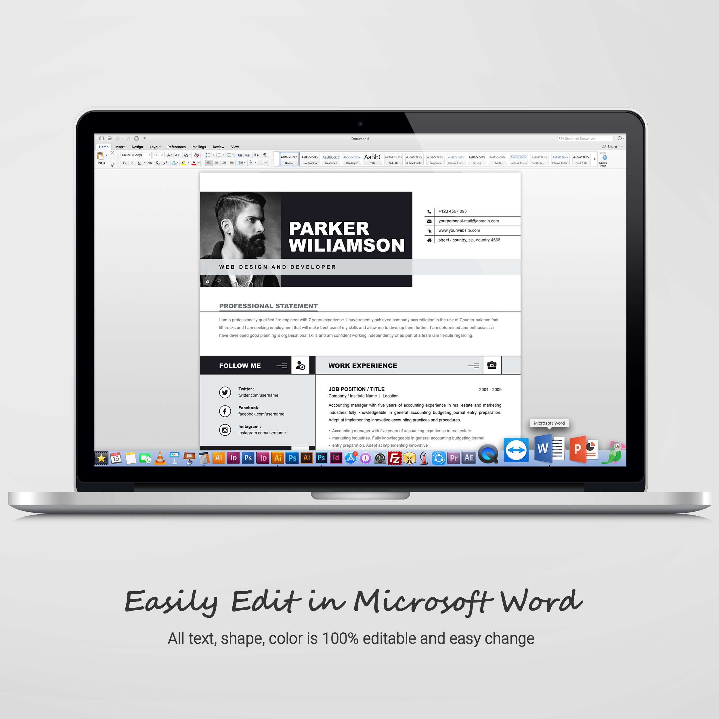 2 Page MS Word Clean Professional & Modern Resume Design Template CV ...