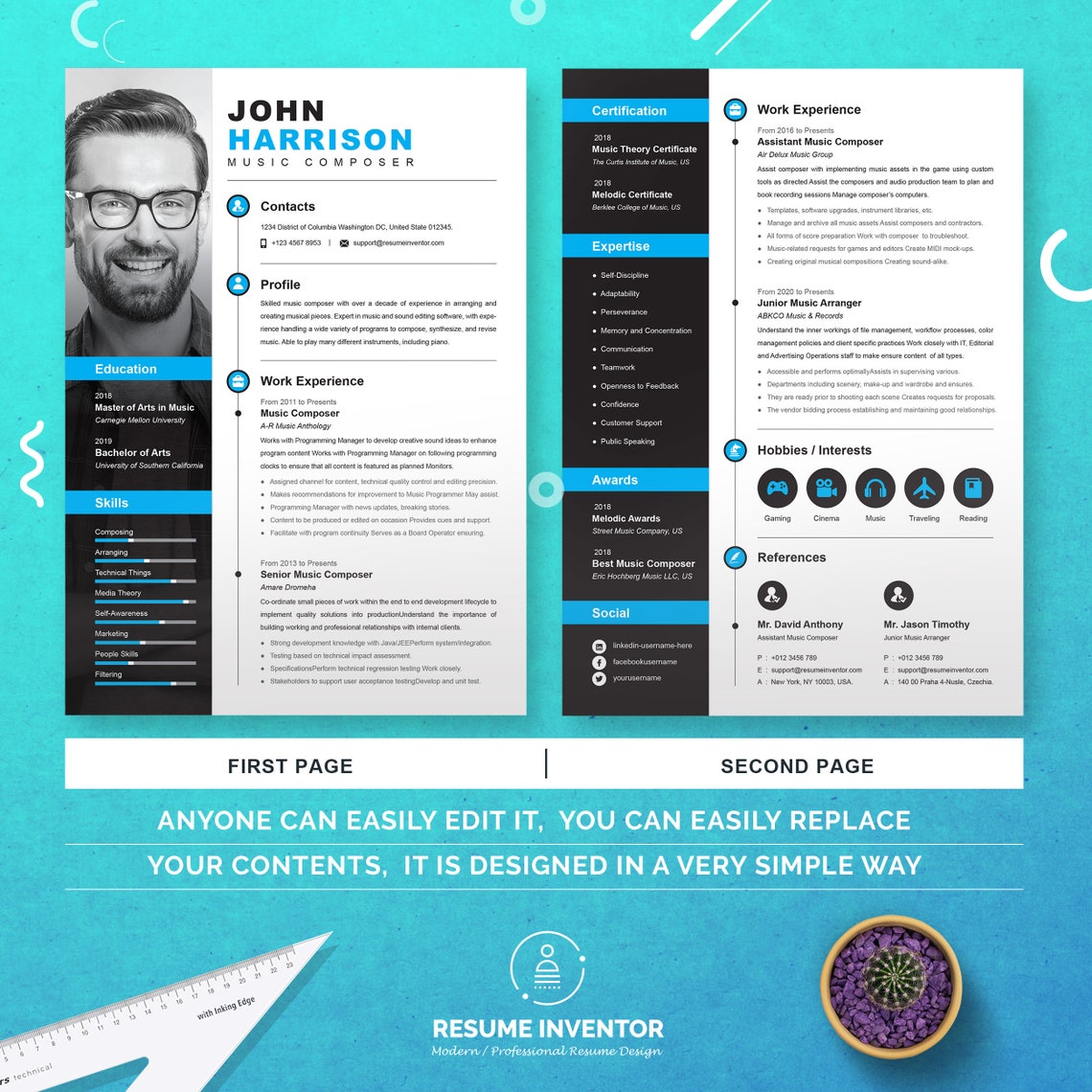 Resume Template for Music Composer Resume Cover Letter - Etsy