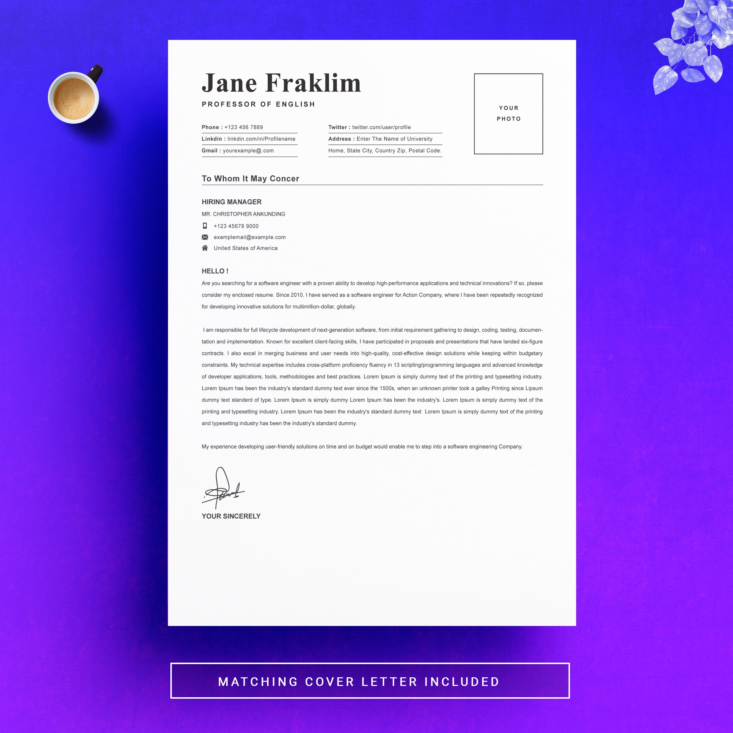 Clean Resume Template CV Template Teacher Ms Word Resume - Etsy