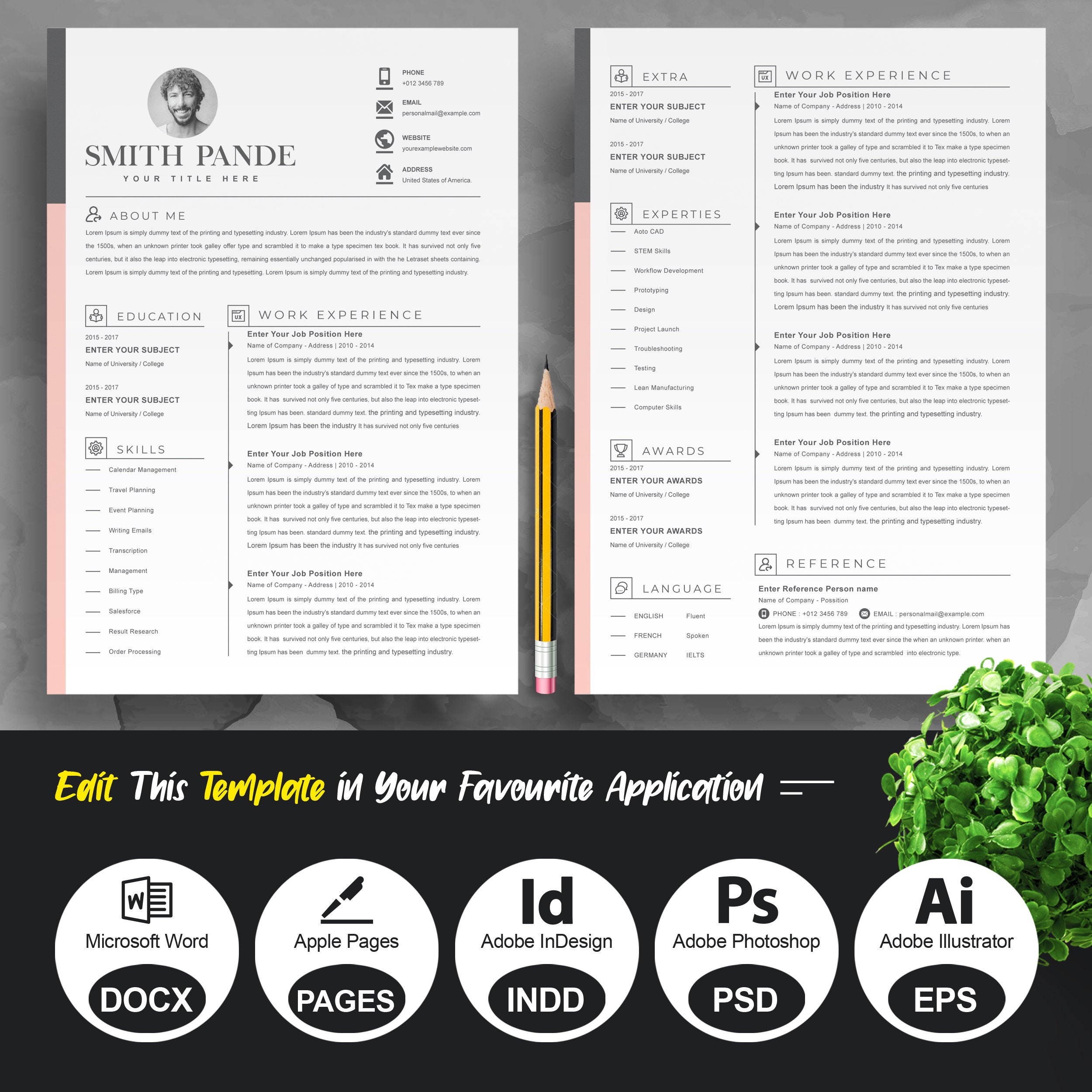 Clean and Modern Resume Template for Pages and Word 1, 2, 3 Page ...