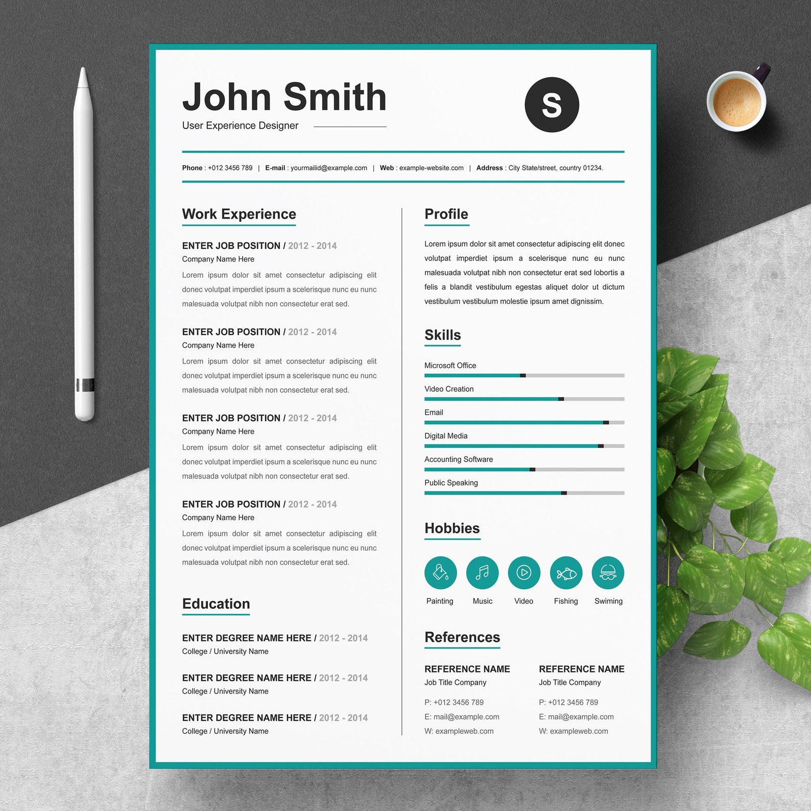 Professional 1 Page Resume Template | Modern One Page CV | Word & Mac ...