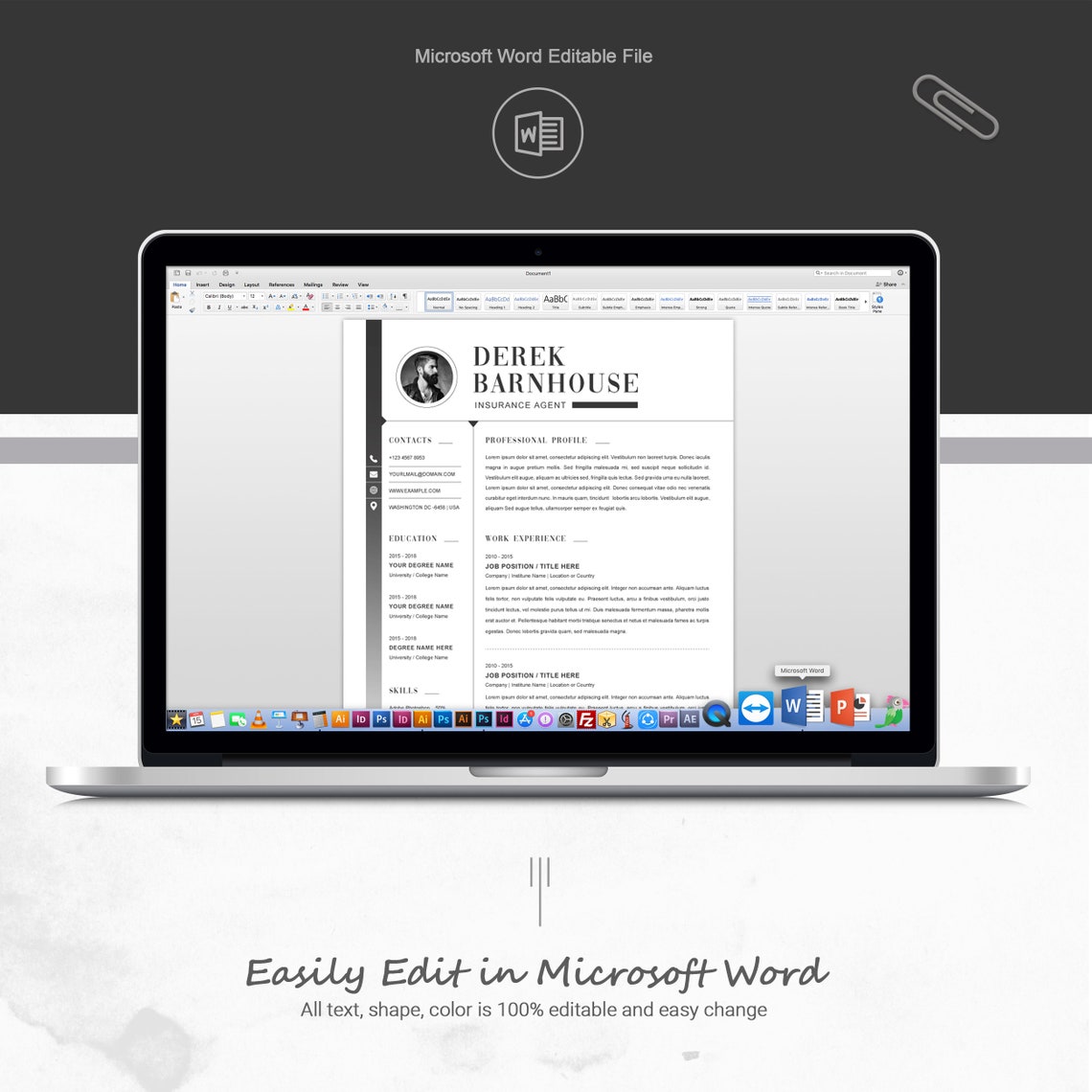 Modern, Clean One Page Resume Template CV Template Cover Letter ...
