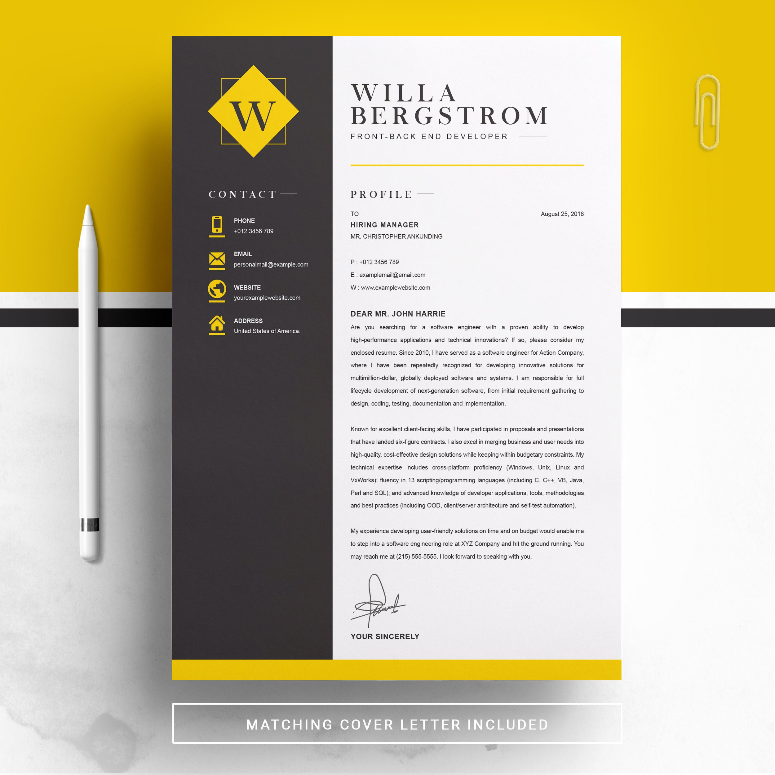 Minimal Yellow Resume Template / CV Template - Etsy
