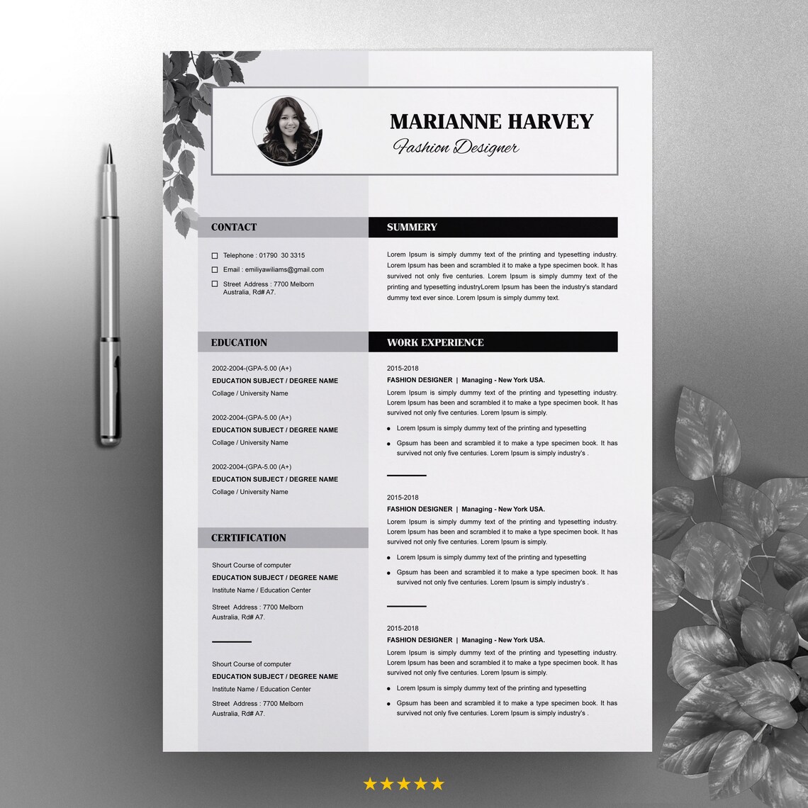 Resume / CV Design Template Feminine & Elegant MS Word Instant Download ...